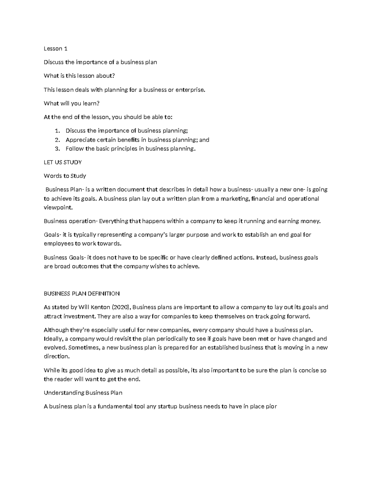 Lesson 1 - basis - Lesson 1 Discuss the importance of a business plan ...