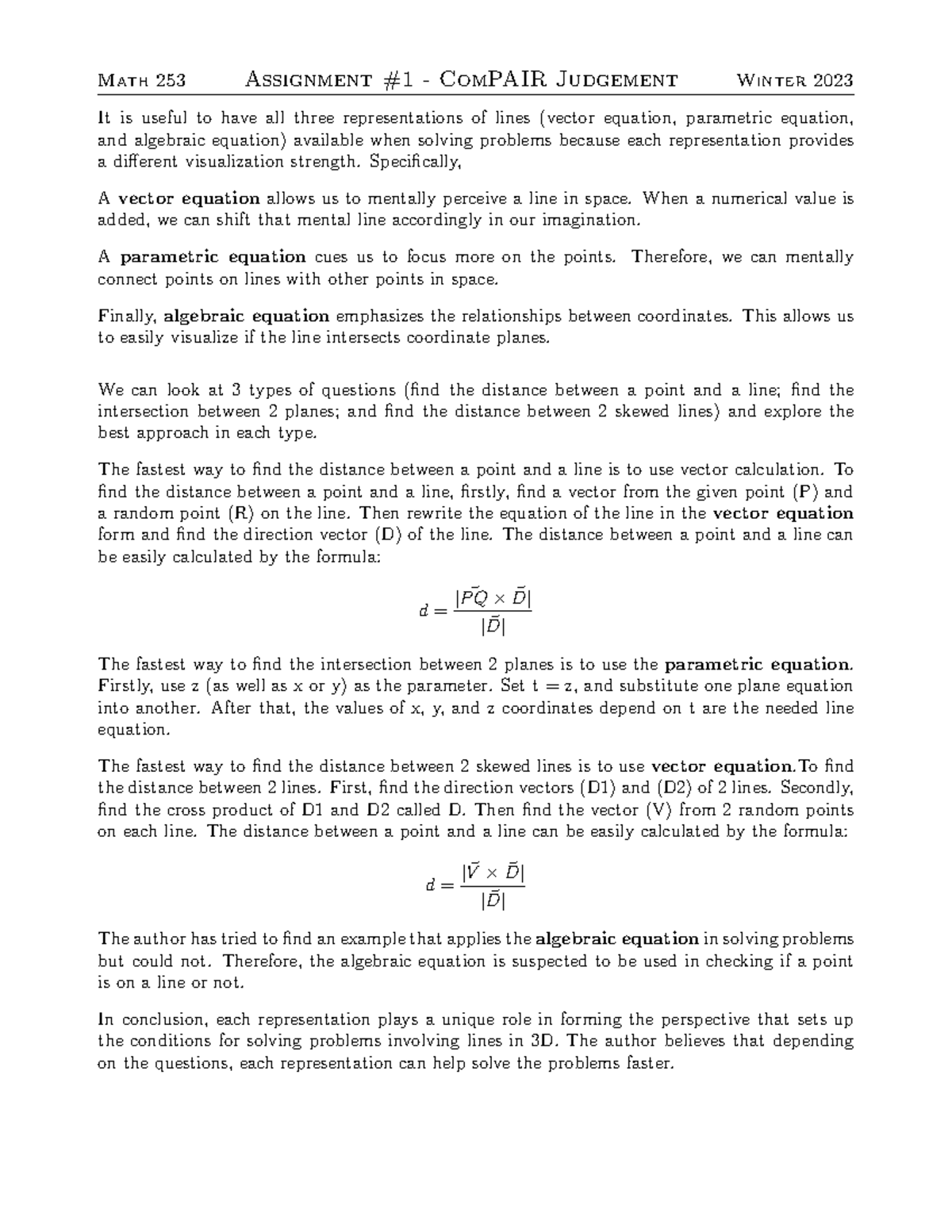 UBC MATH253 Assignment 1 - Math 253 Assignment #1 - ComPAIR Judgement Winter 2023 It is useful ...