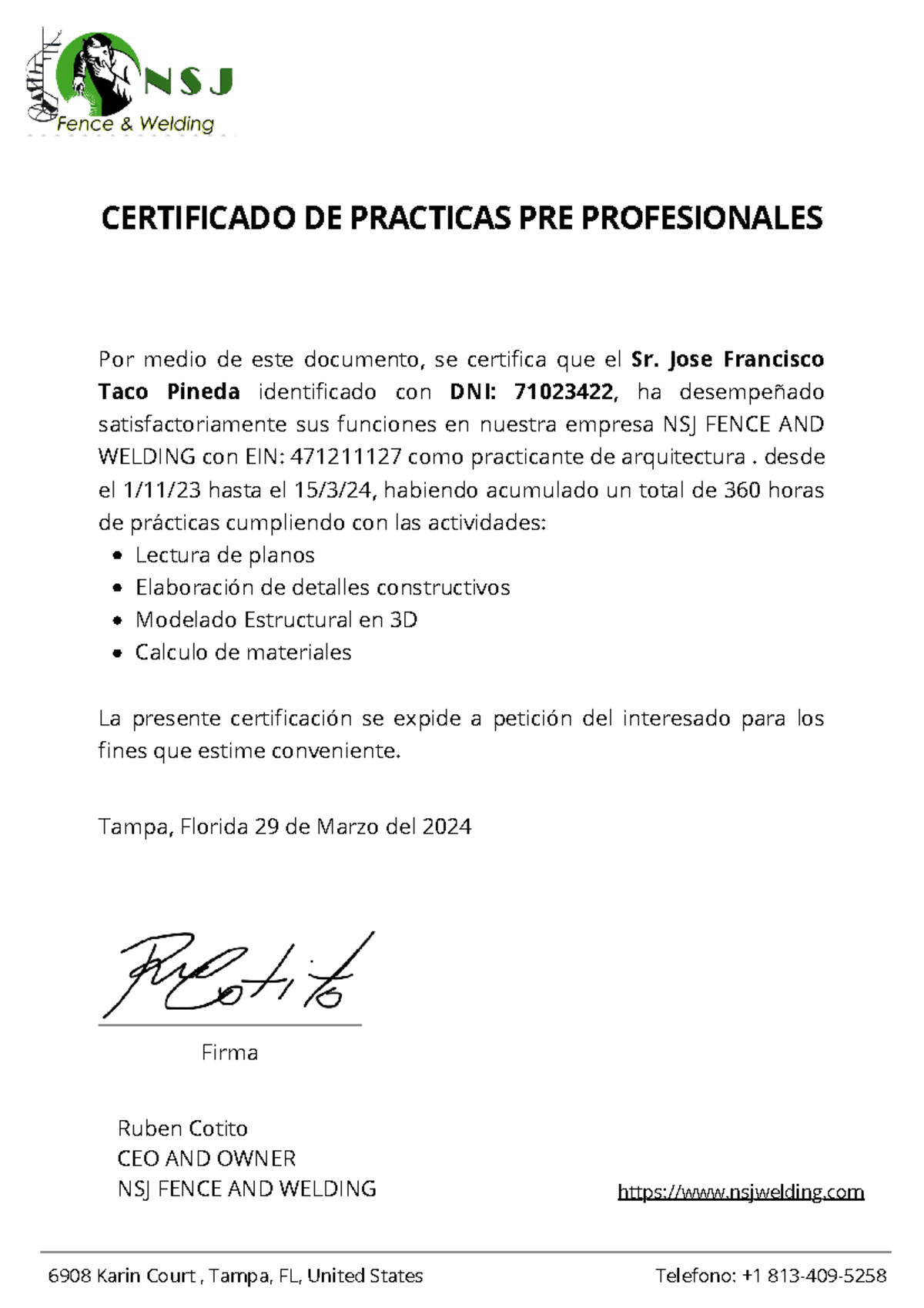 Centificado Aprobado - MODELO CERTIFICADO - Por medio de este documento, se certifica que el Sr ...