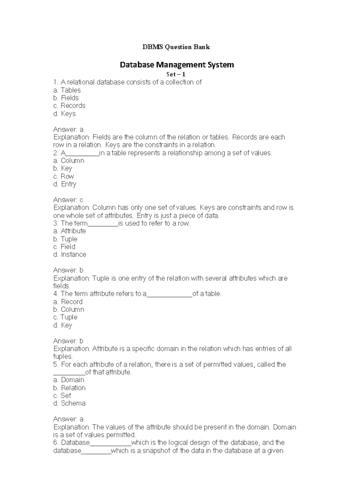 DBMS Question Bank - DBMS Question Bank Database Management System Set – 1 1. A relational ...