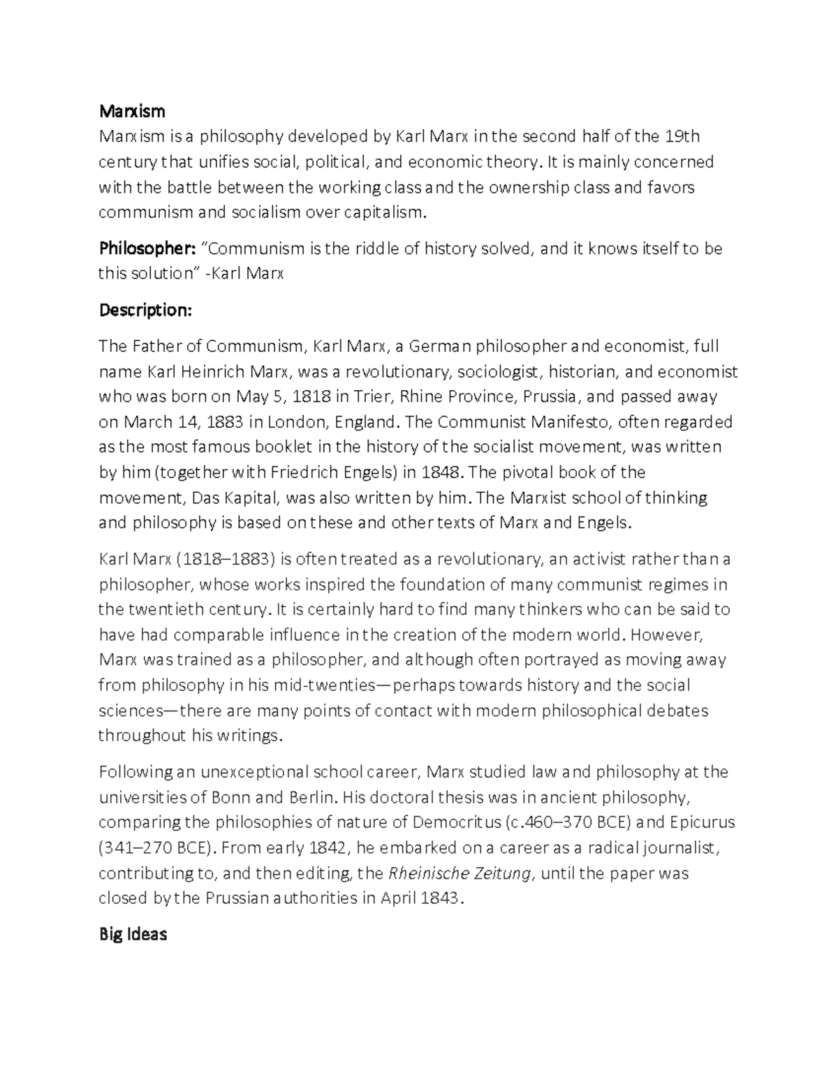 Marxism - rwtwrt - Marxism Marxism is a philosophy developed by Karl Marx in the second half of ...