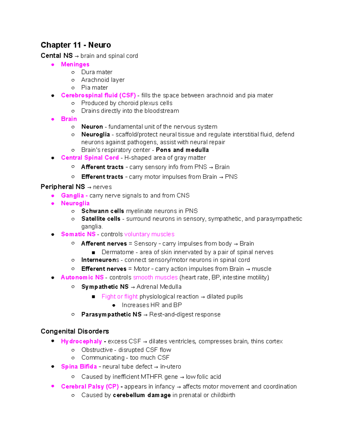 Patho CH 3,4,5,11 - Chapter 11 - Neuro Cental NS!"!#$%&'!%'(!)*&'%+!,-$( Meninges - Studocu