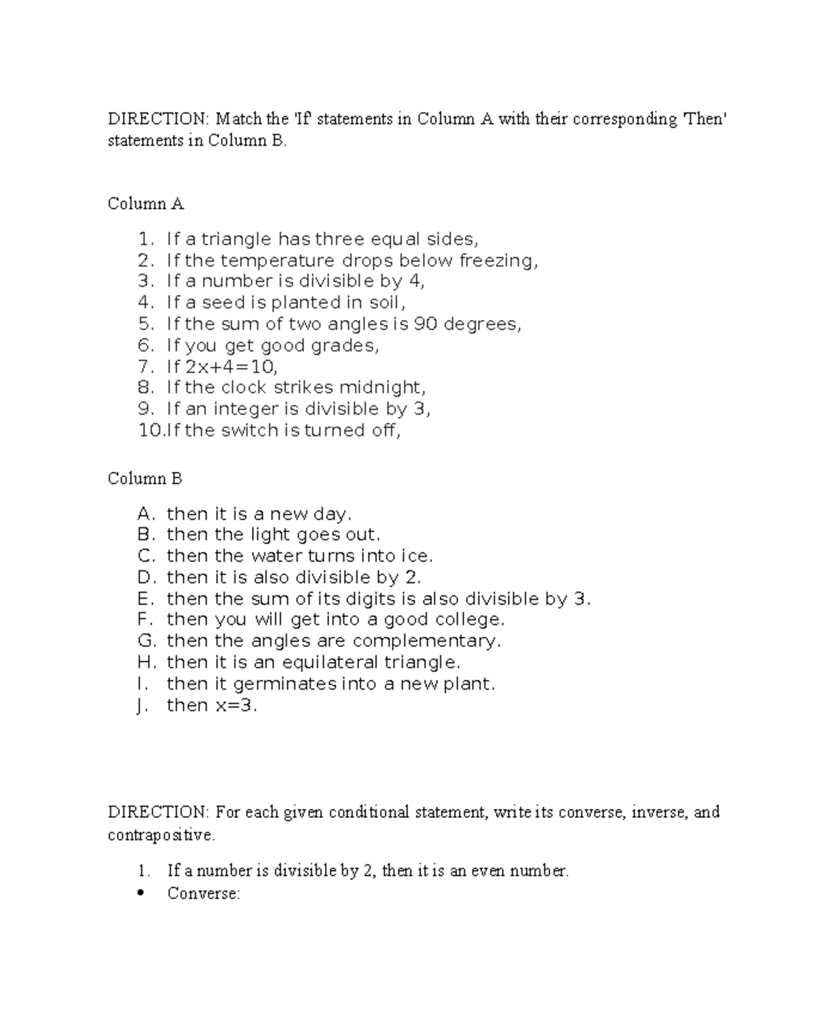 MATH- Booklet - NJKIBHUIMUYOI78 - DIRECTION: Match the 'If' statements ...