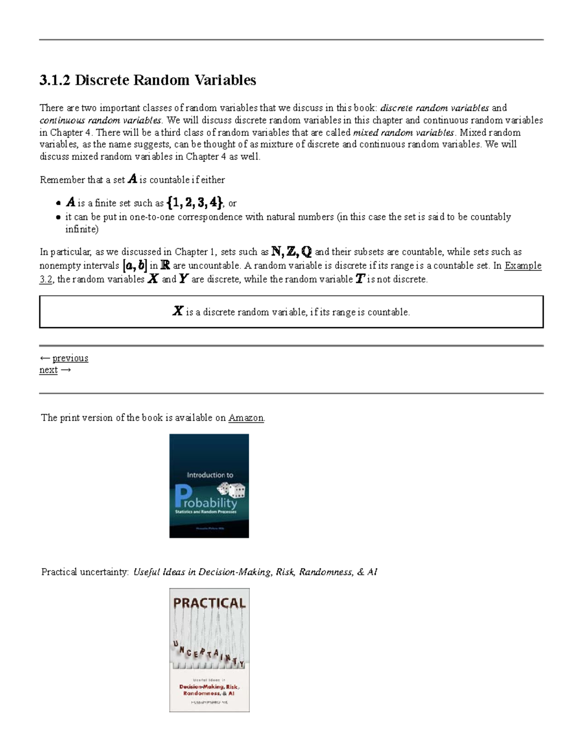 Discrete Random Variables - 3.1 Discrete Random Variables There are two important classes of ...