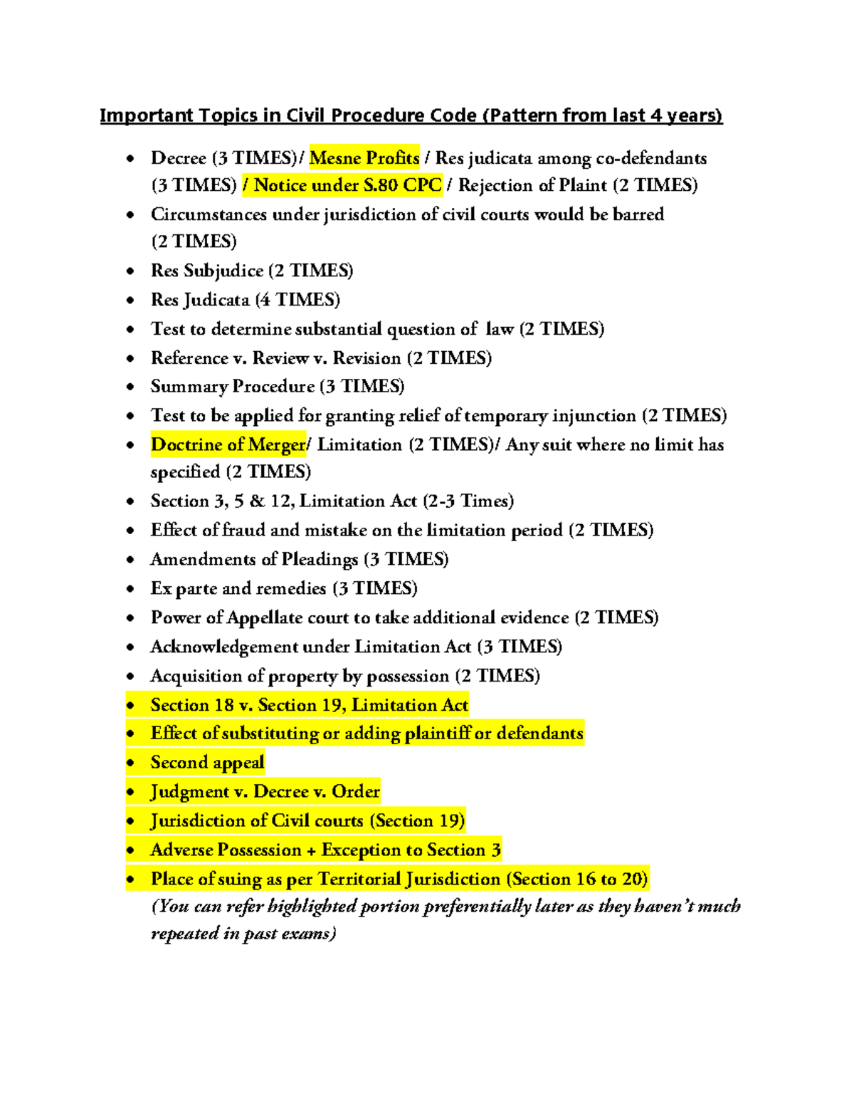 Imp Topics in CPC - Important Topics in Civil Procedure Code (Pattern ...