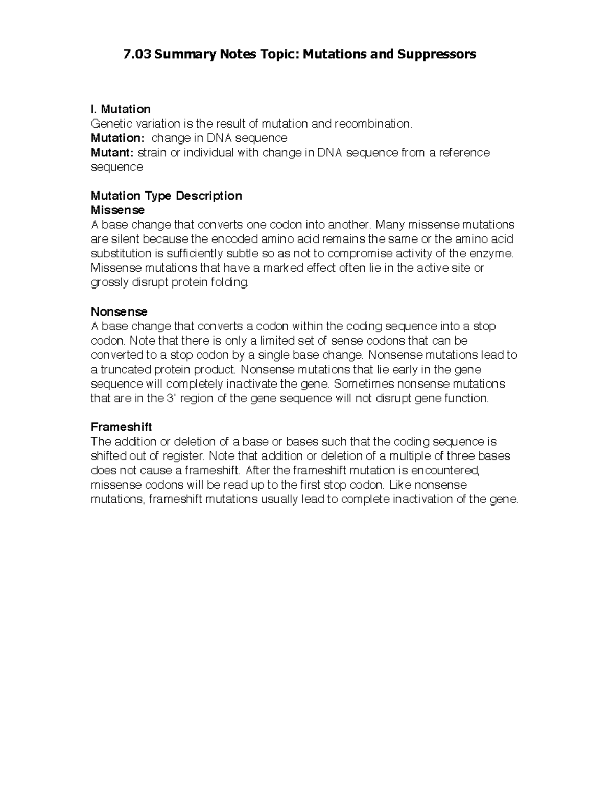 7.03 Summary Notes Topic: Mutations and Suppressors - 7 Lecture ...