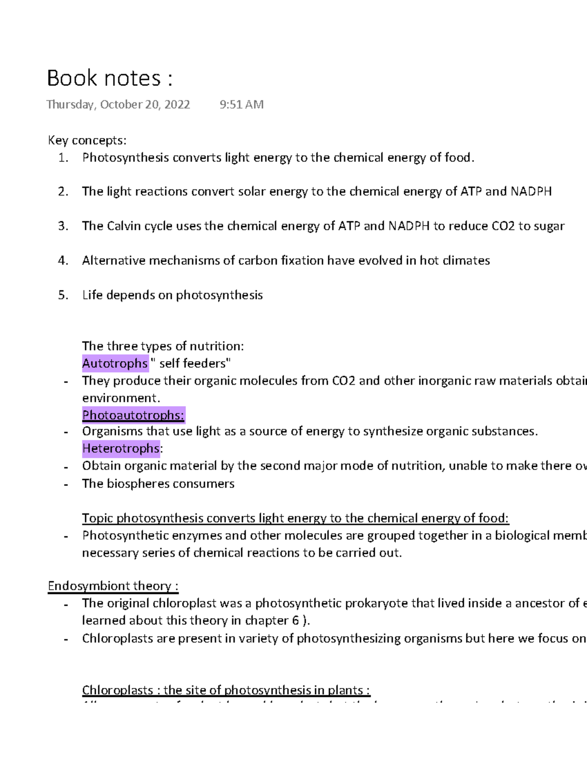 Photosynthesis book notes - Key concepts: Photosynthesis converts light ...