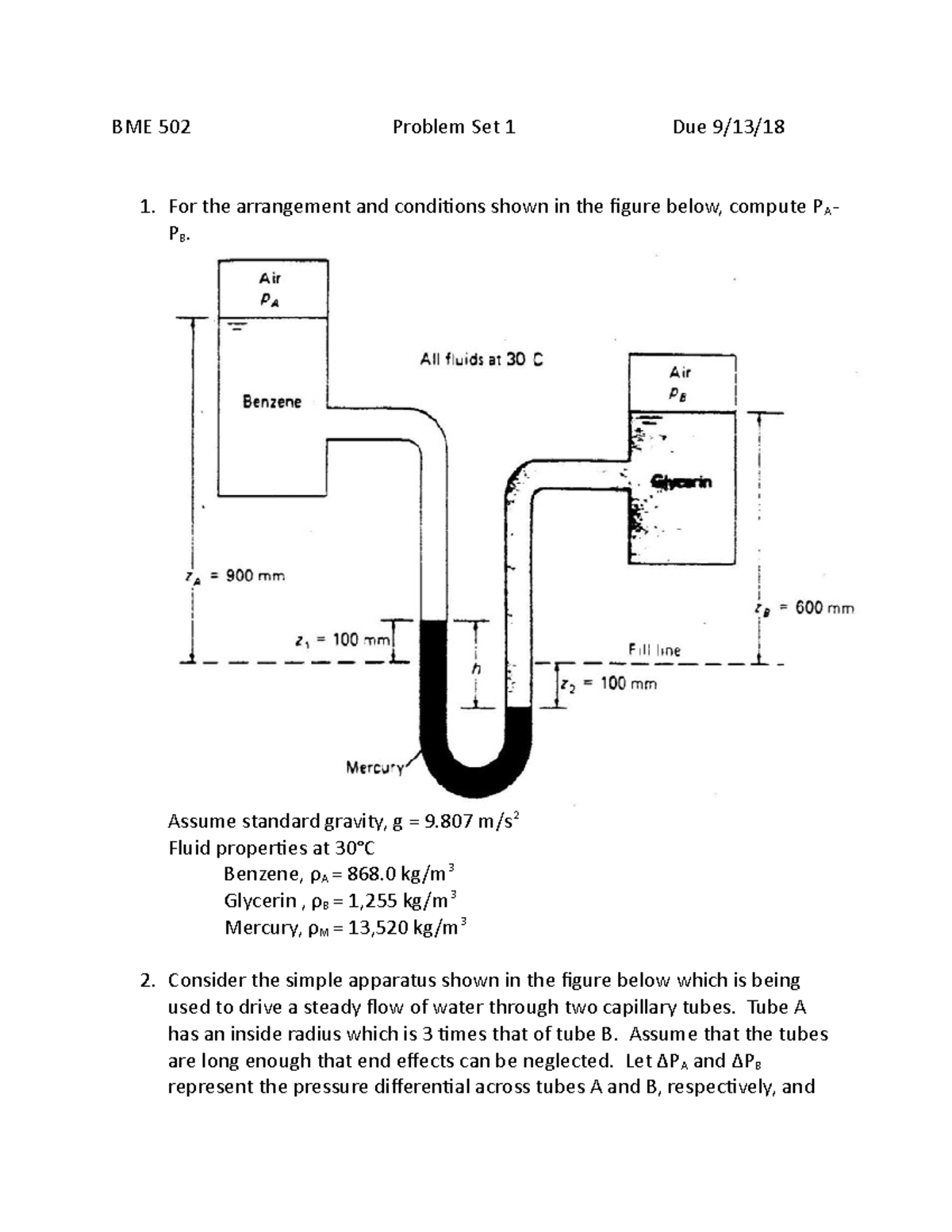 BME 502 Problem Set 1 - BME 502 Problem Set 1 Due 9/13/ For the arrangement and conditions shown ...