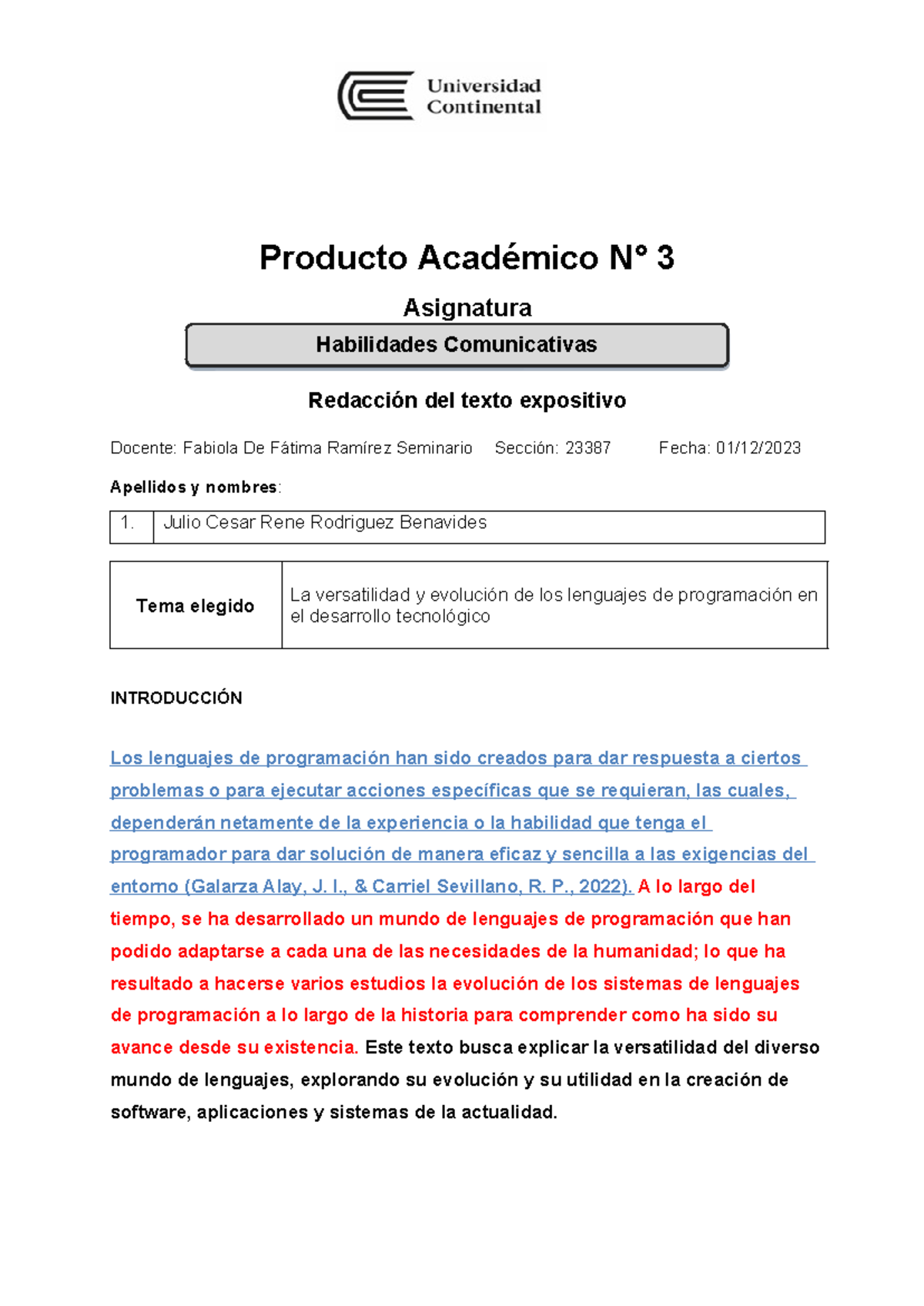 PA3 Habilidades comunicativas - Producto Académico N° 3 Asignatura Redacción del texto ...
