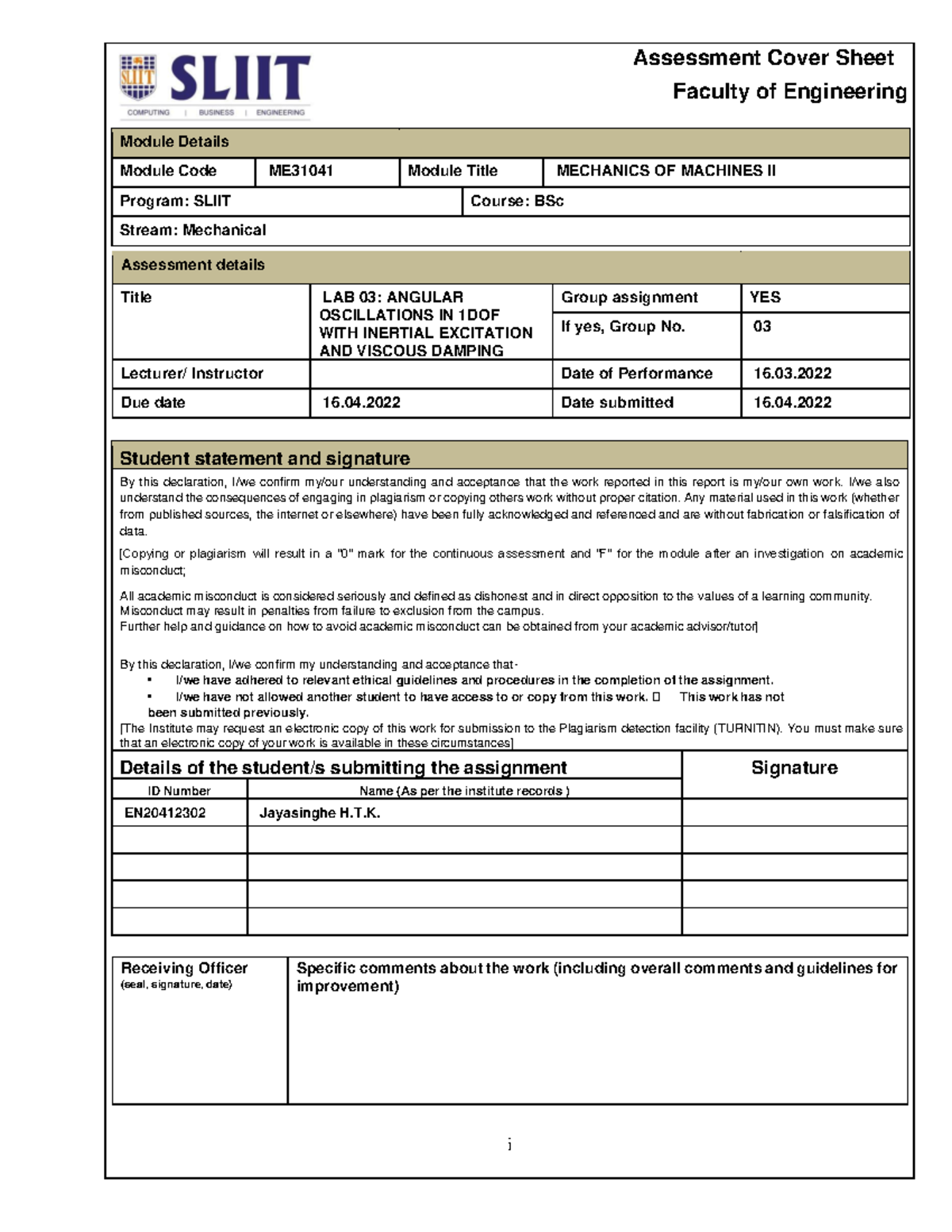 EN20412302 Angular Oscillations IN 1DOF Lab Report - i Assessment Cover ...