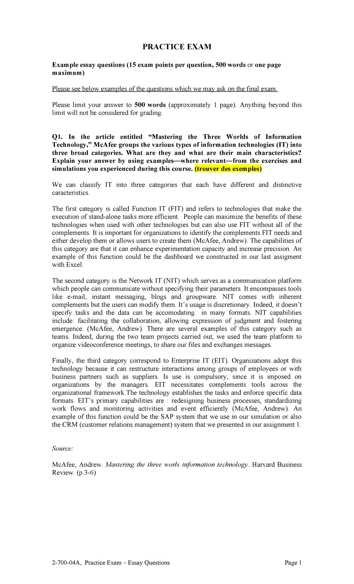 Practice Exam - Essay Questions - PRACTICE EXAM Example essay questions ...