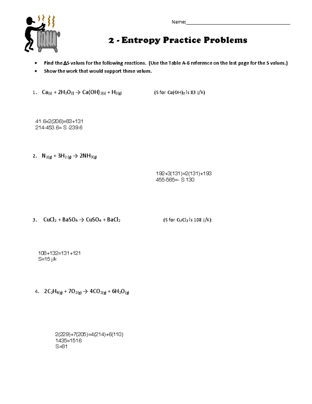2 - Entropy Practice Problems - Name ...