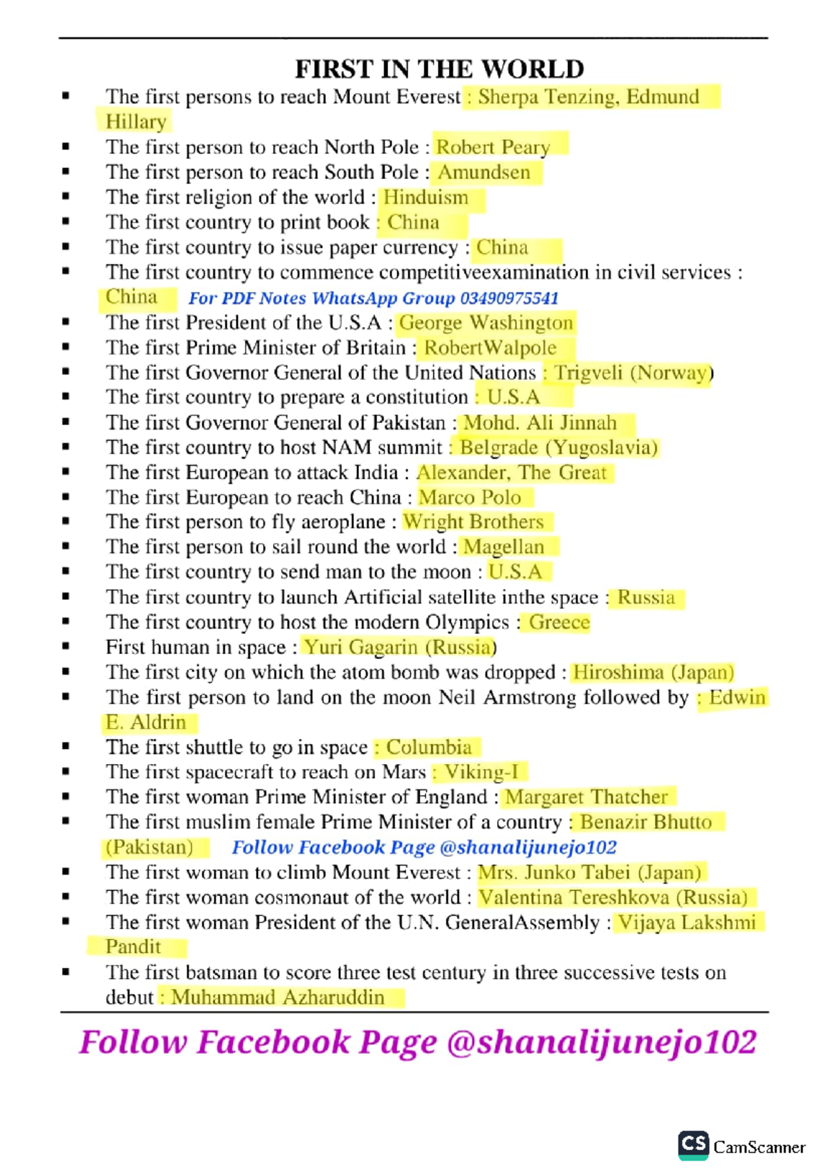 First in World Important GK - International Relations - CamScanner ...