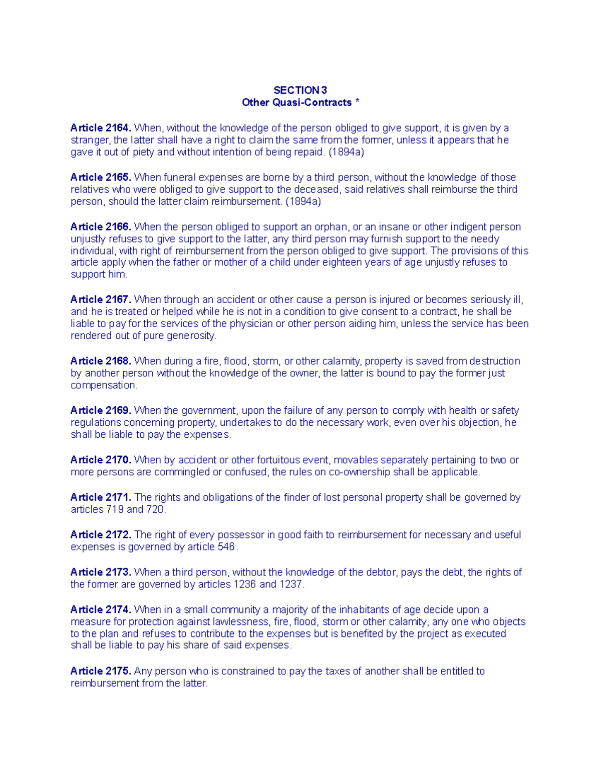 Quasi Contracts - Lecture notes 2 - SECTION 3 Other Quasi-Contracts ...