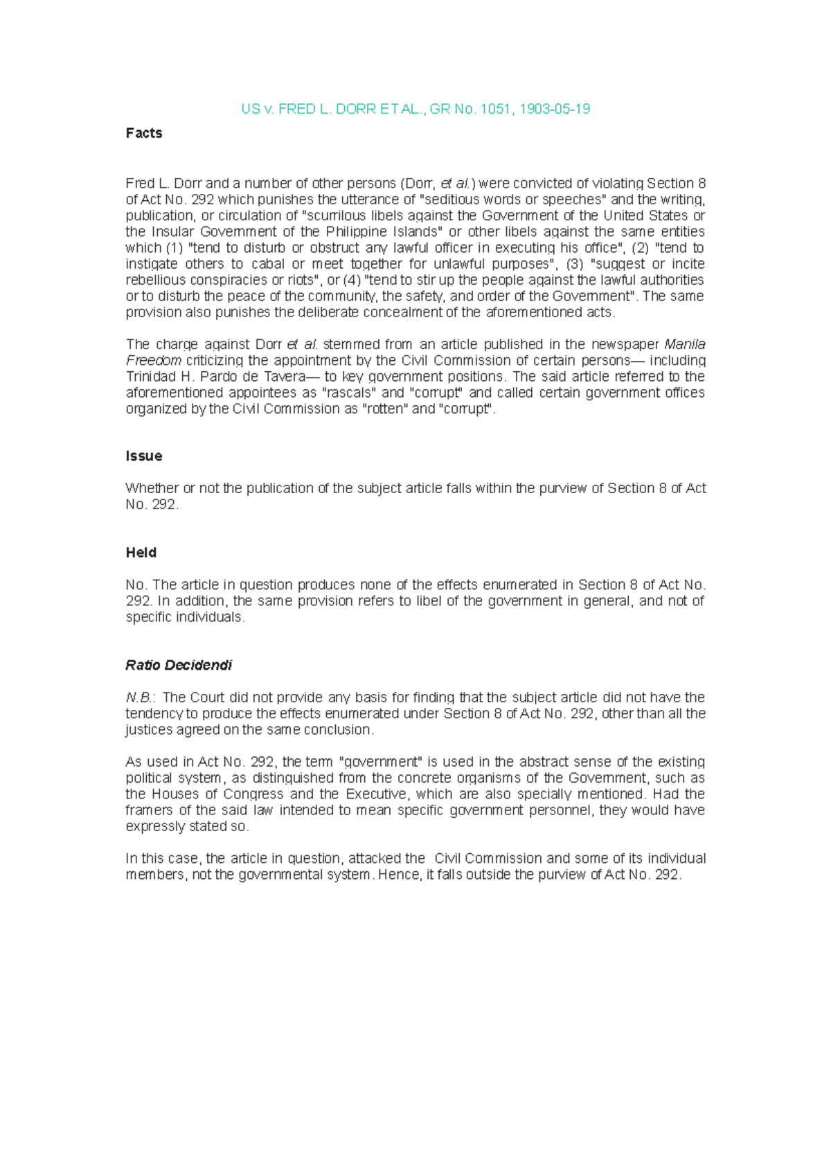 2. U.S. v. Dorr 2 Phil. 332 case digest - Juris Doctor - Studocu