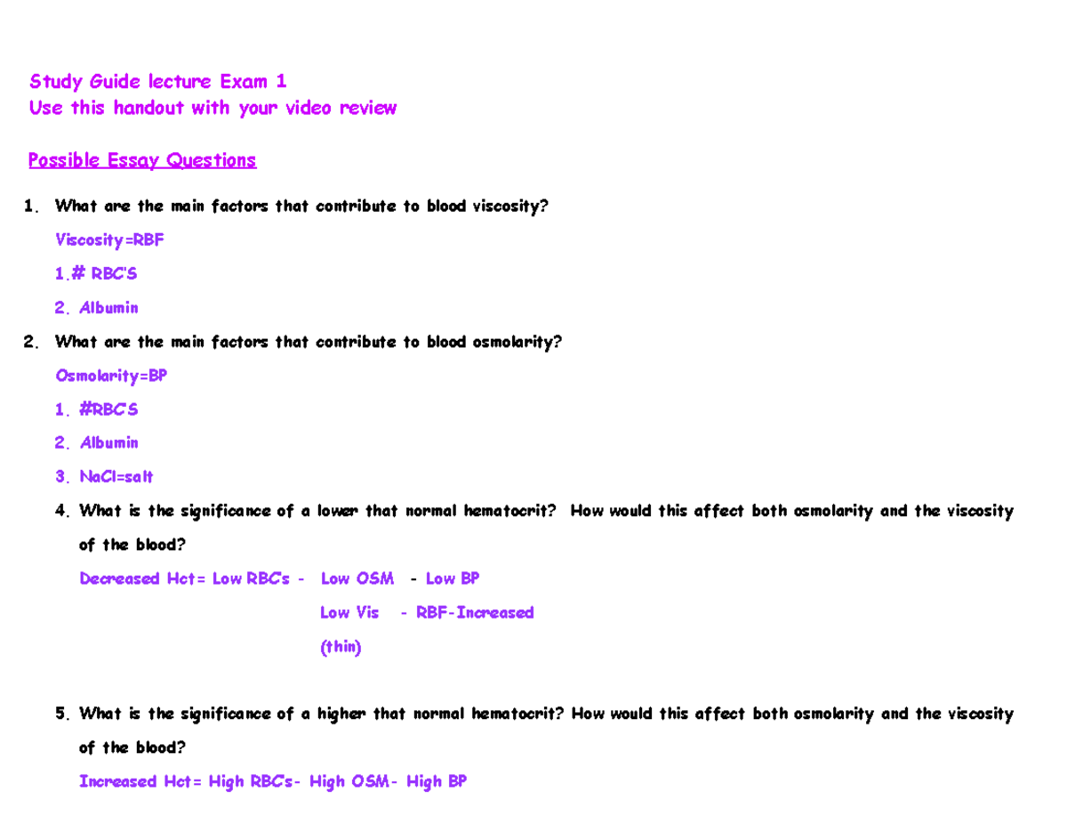 Blood UNIT Study Guide - Study Guide lecture Exam 1 Use this handout ...