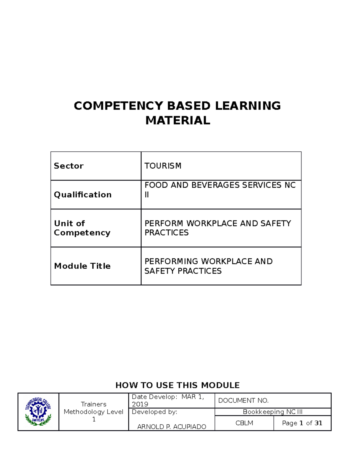 CBLM Common 4 housekeeping nc ii - BS Tourism - PUP - Studocu