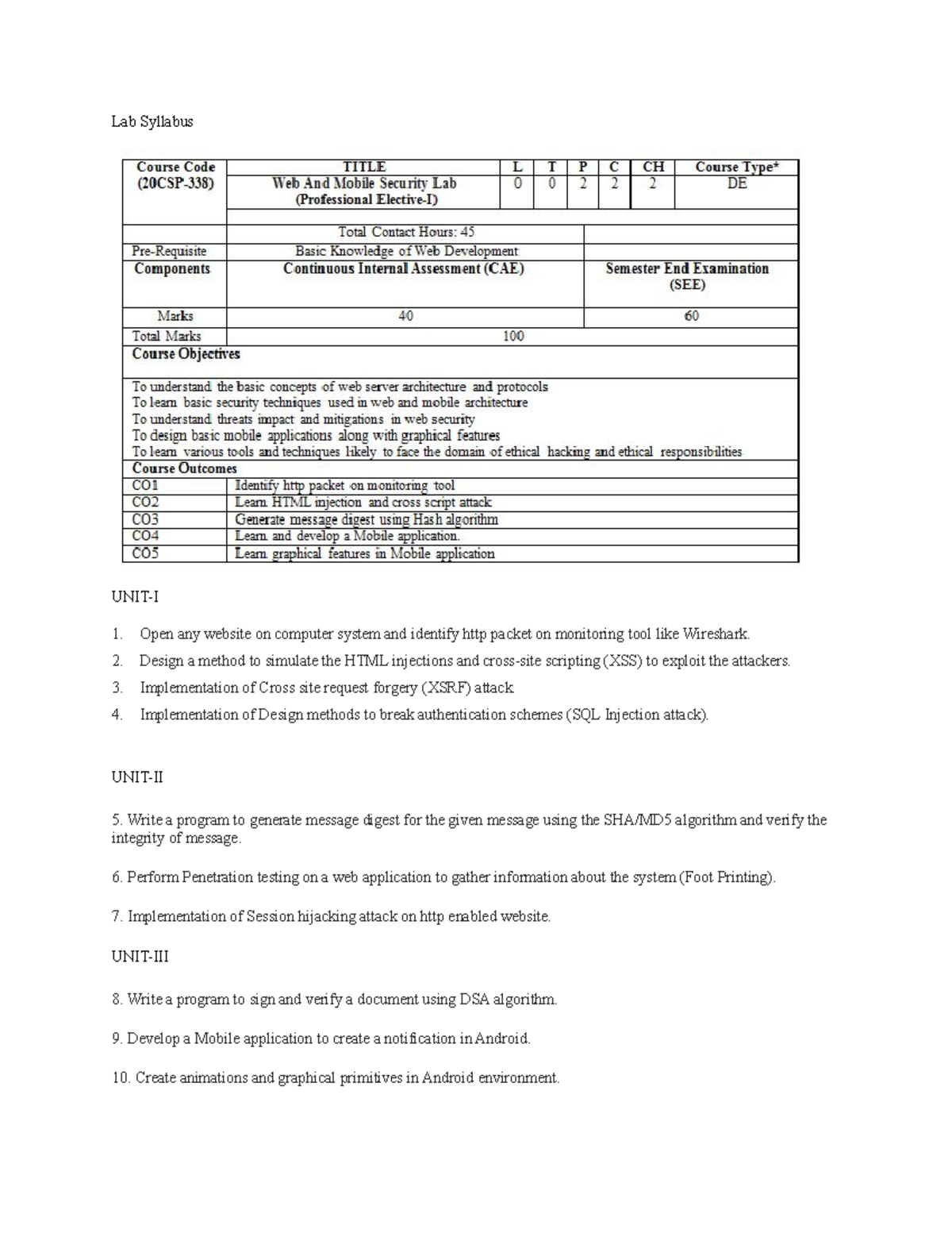 Web and mobile security lab syllabus - Lab Syllabus UNIT-I Open any ...