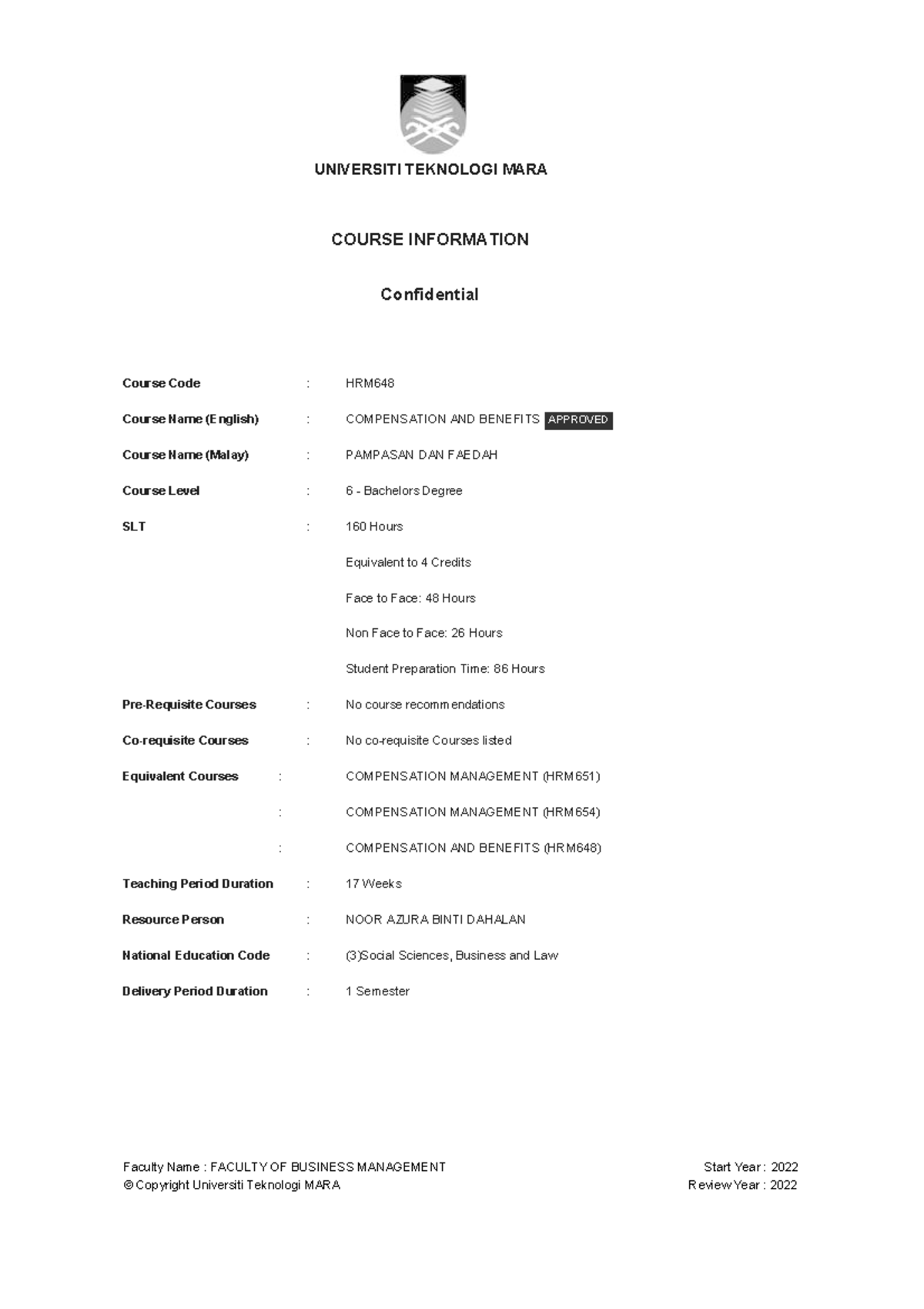 Course Compensation AND Benefits - UNIVERSITI TEKNOLOGI MARA COURSE ...