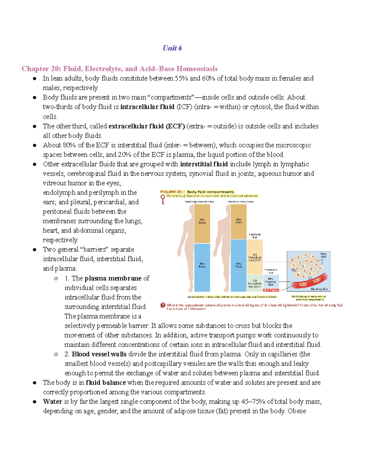 BIOL 230 UNIT 6 - TEXTBOOK LECTURE NOTES - Unit 6 Chapter 20: Fluid ...