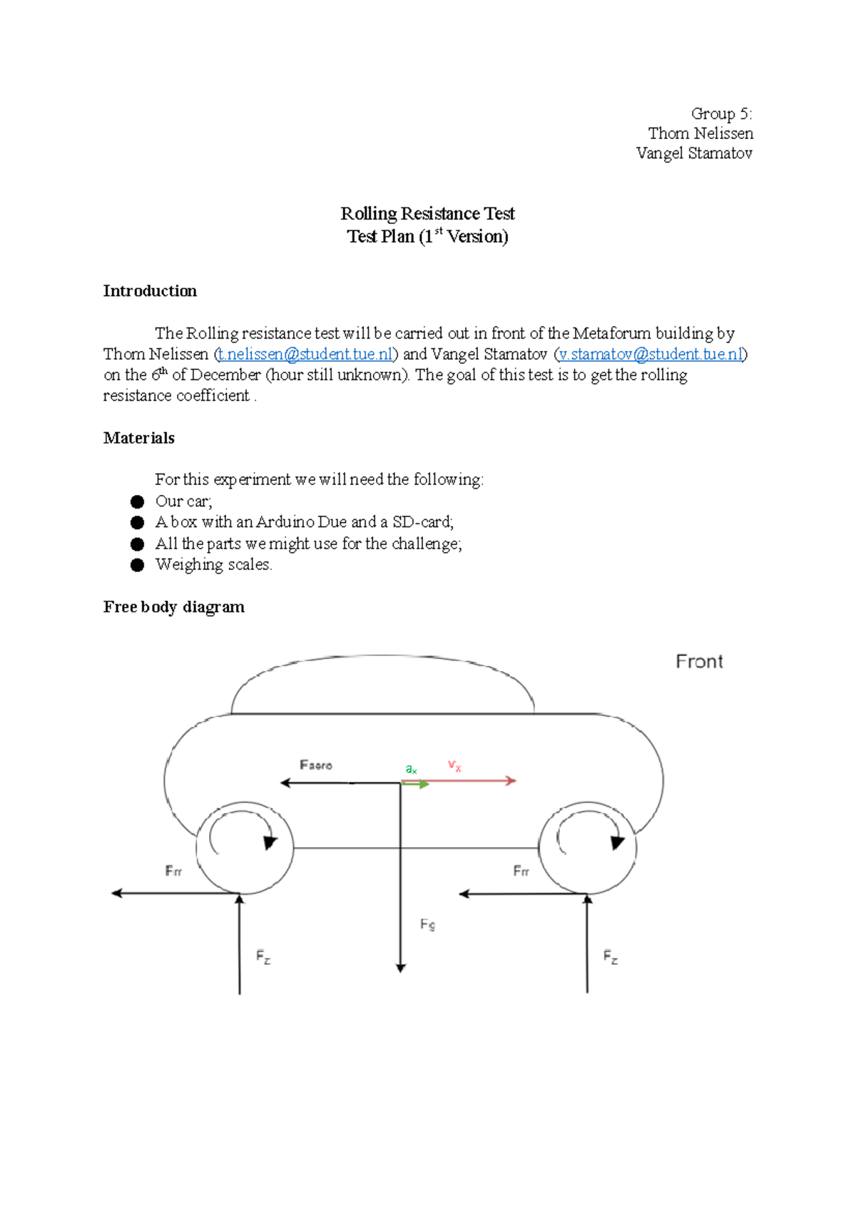 Test Plan Rolling Resistance - Group 5: Thom Nelissen Vangel Stamatov ...