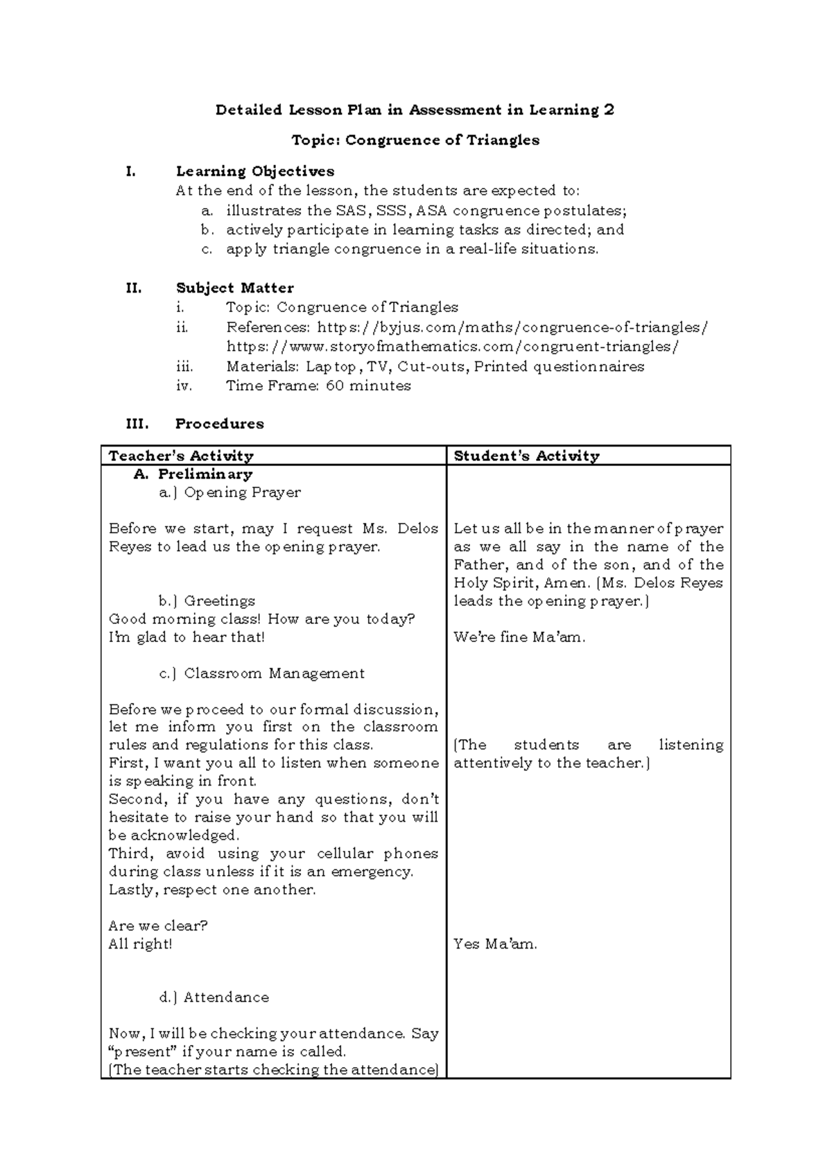 Detailed Lesson Plan in Assessment in Learning 2 - Learning Objectives ...