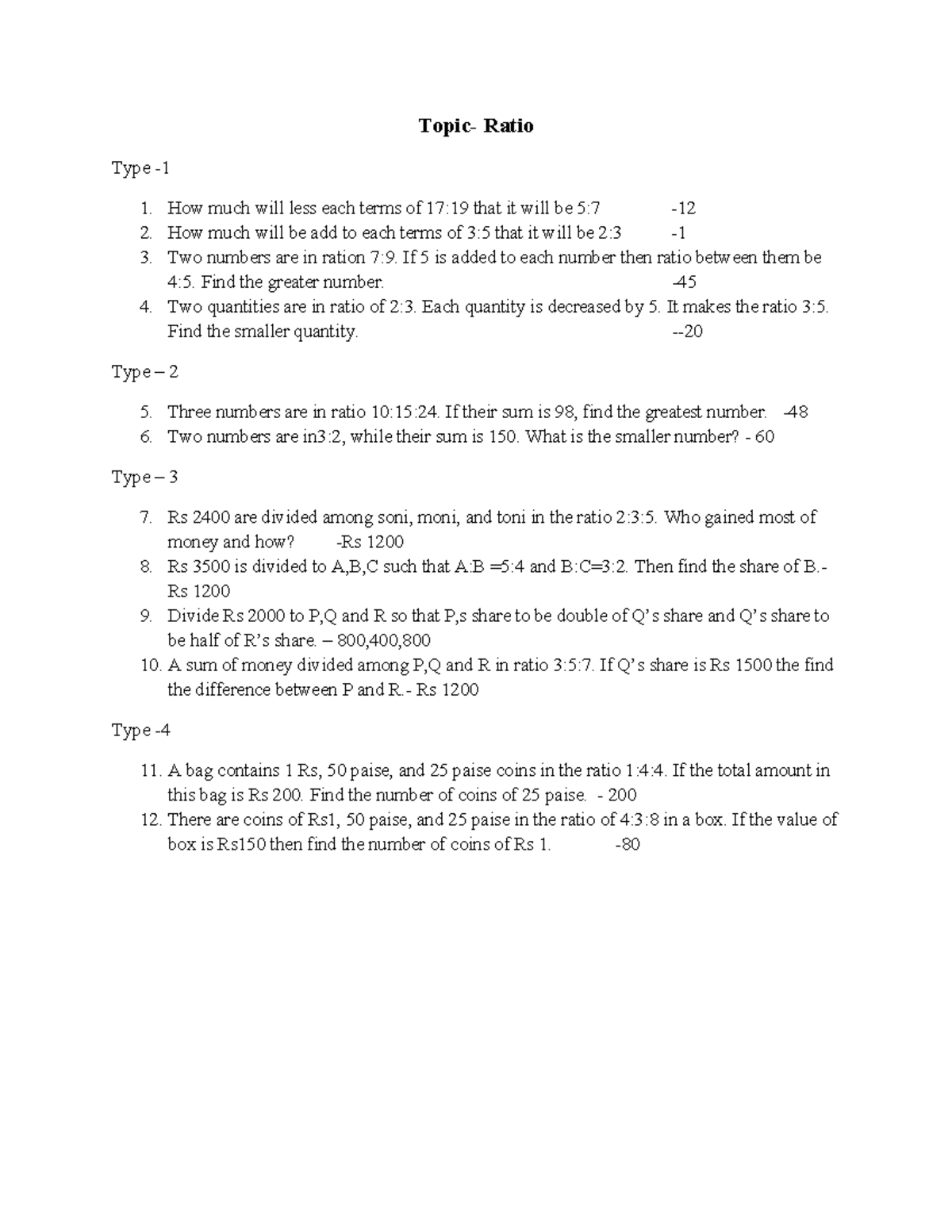 Ratio - Topic- Ratio Type - How much will less each terms of 17:19 that ...