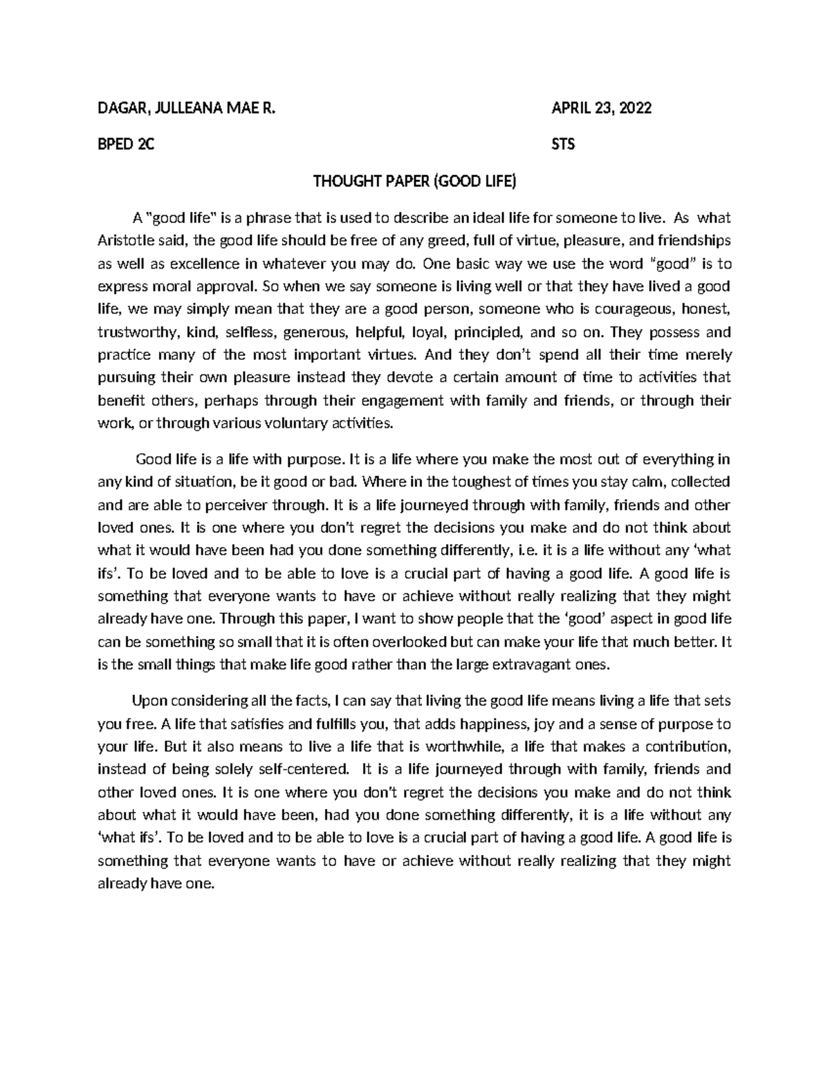 BPED 2C Dagar Thought Paper - DAGAR, JULLEANA MAE R. APRIL 23, 2022 ...