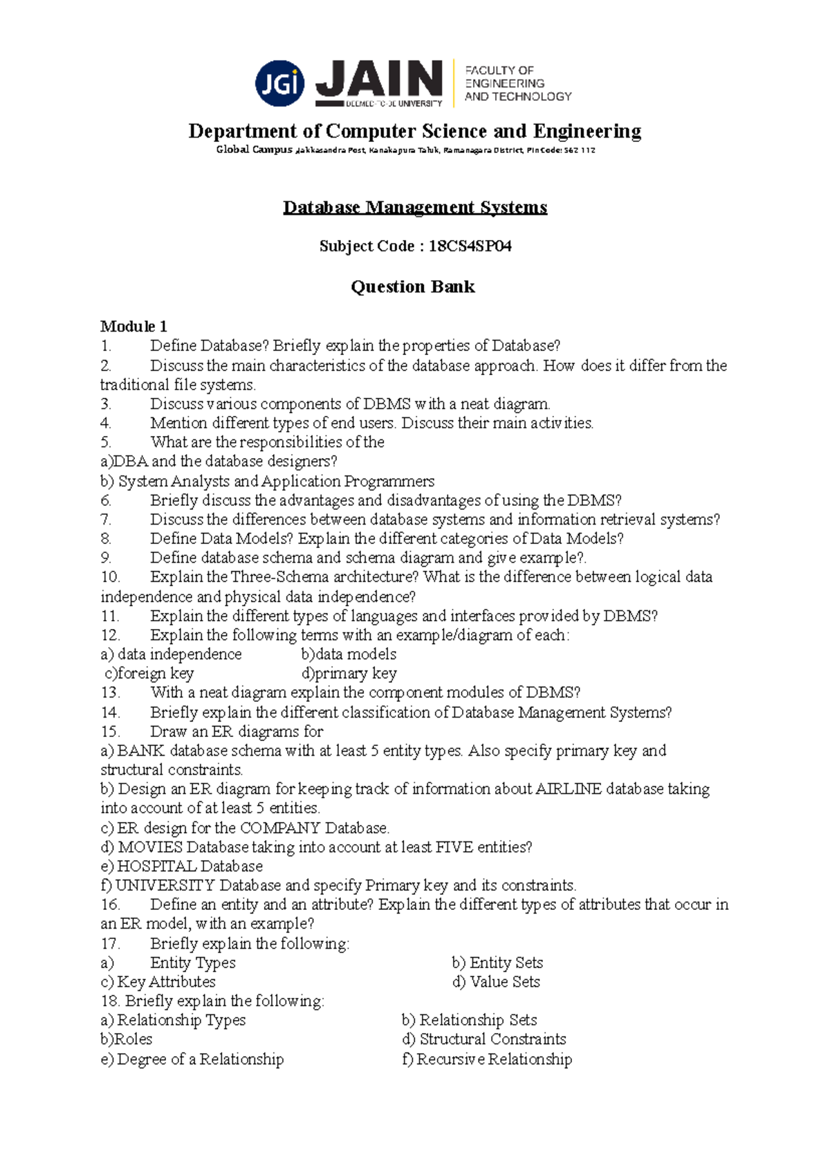 Database Management Systems Unit 1 Department Of Computer Science And
