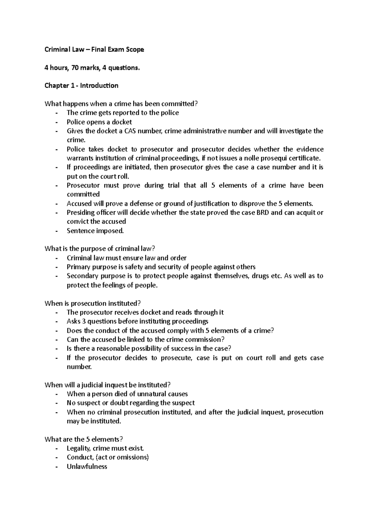 Criminal Law final exam notes for 2nd year LLB at University of ...