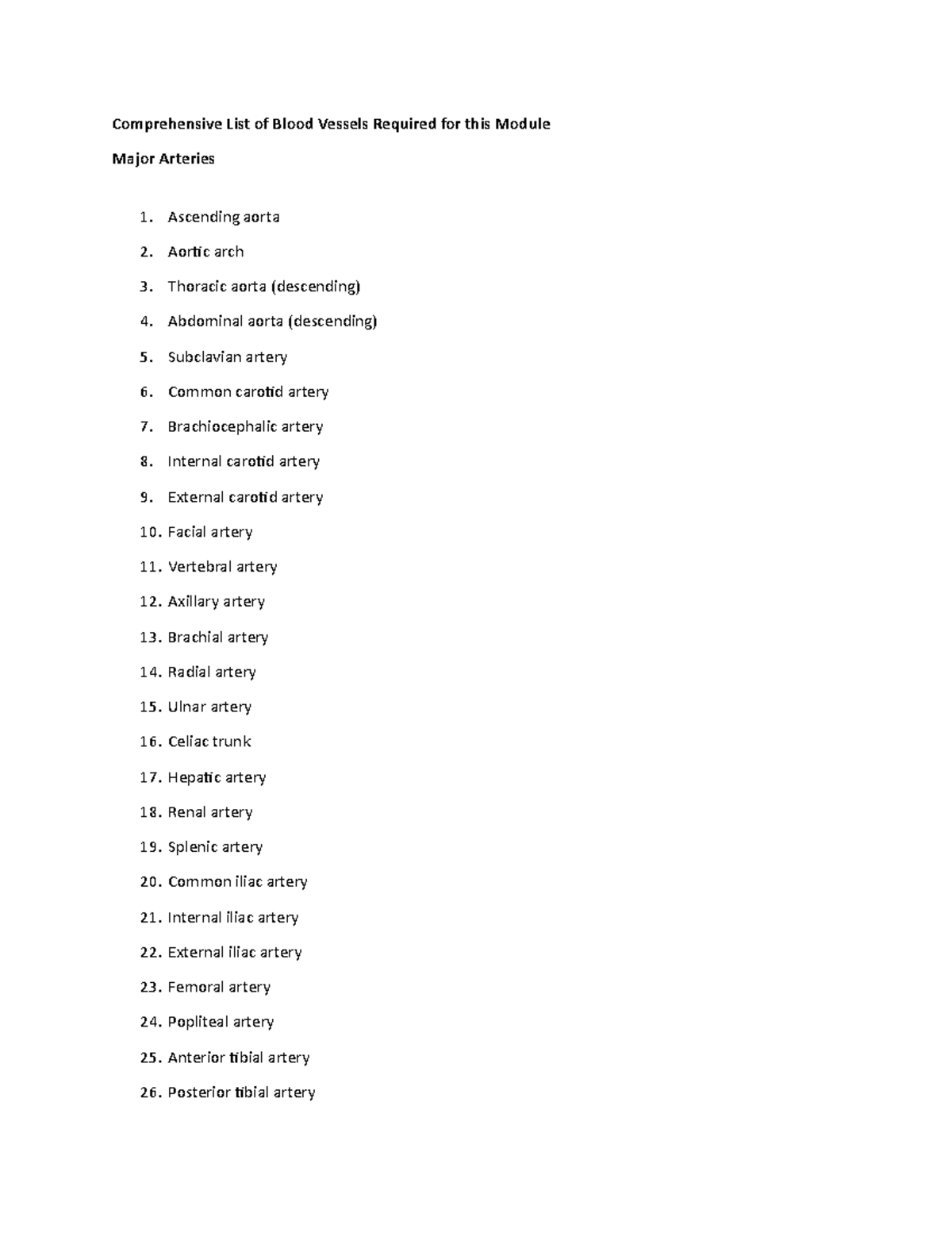 Comprehensive List of Blood Vessels Required for this Module - Studocu