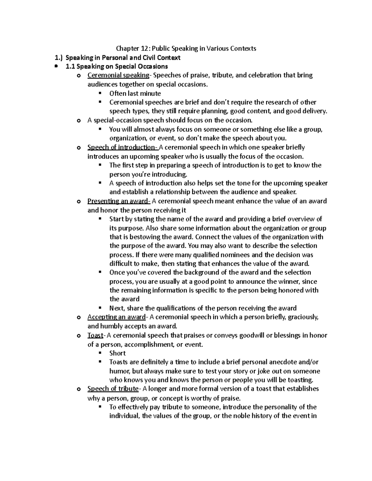 Chapter 12 Speech - Chapter 12: Public Speaking in Various Contexts 1 ...