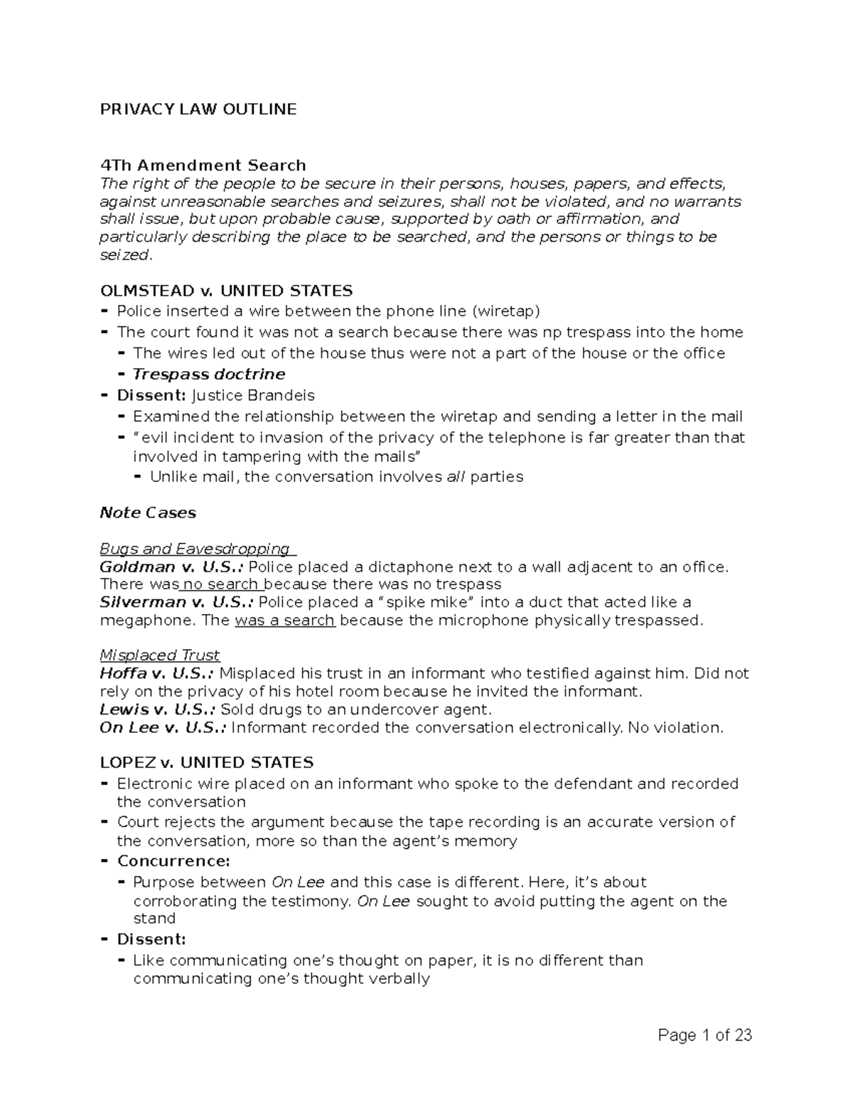 337641414 Privacy Law Outline De Armond - PRIVACY LAW OUTLINE 4Th ...