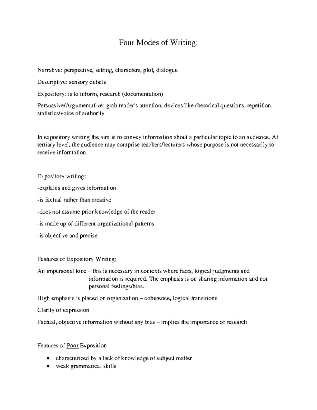 the Four major Modes of Writing for the best paper - Four Modes of ...