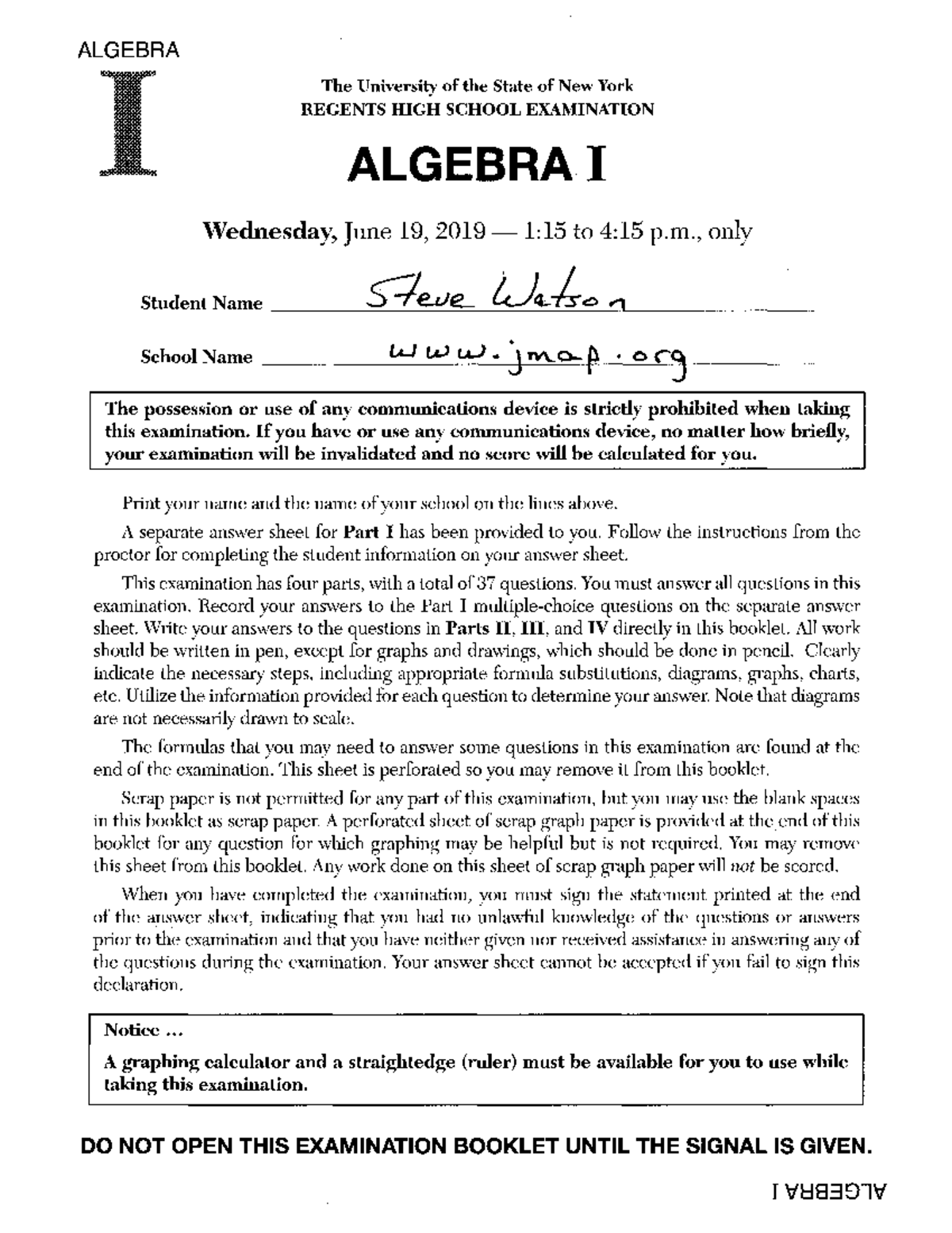 0619Exam AIans - ALGEBRA The University of the State of New York ...