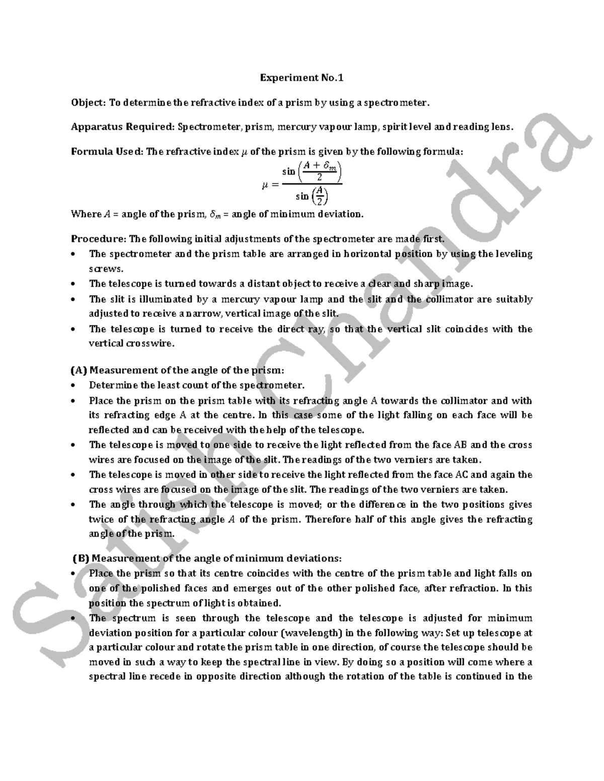Refractive index of prism - Experiment No. Object: To determine the refractive index of a prism ...