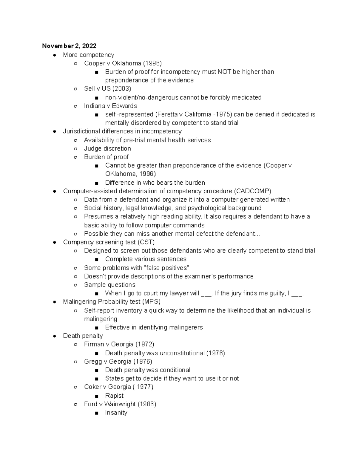 Week 4 notes - November 2, 2022 More competency Cooper v Oklahoma (1996 ...