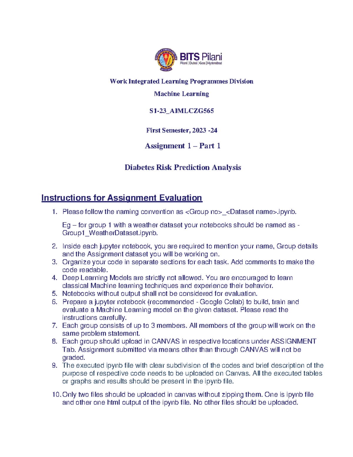 Assignment Part 1 - Set 3 - Work Integrated Learning Programmes Division Machine Learning - Studocu