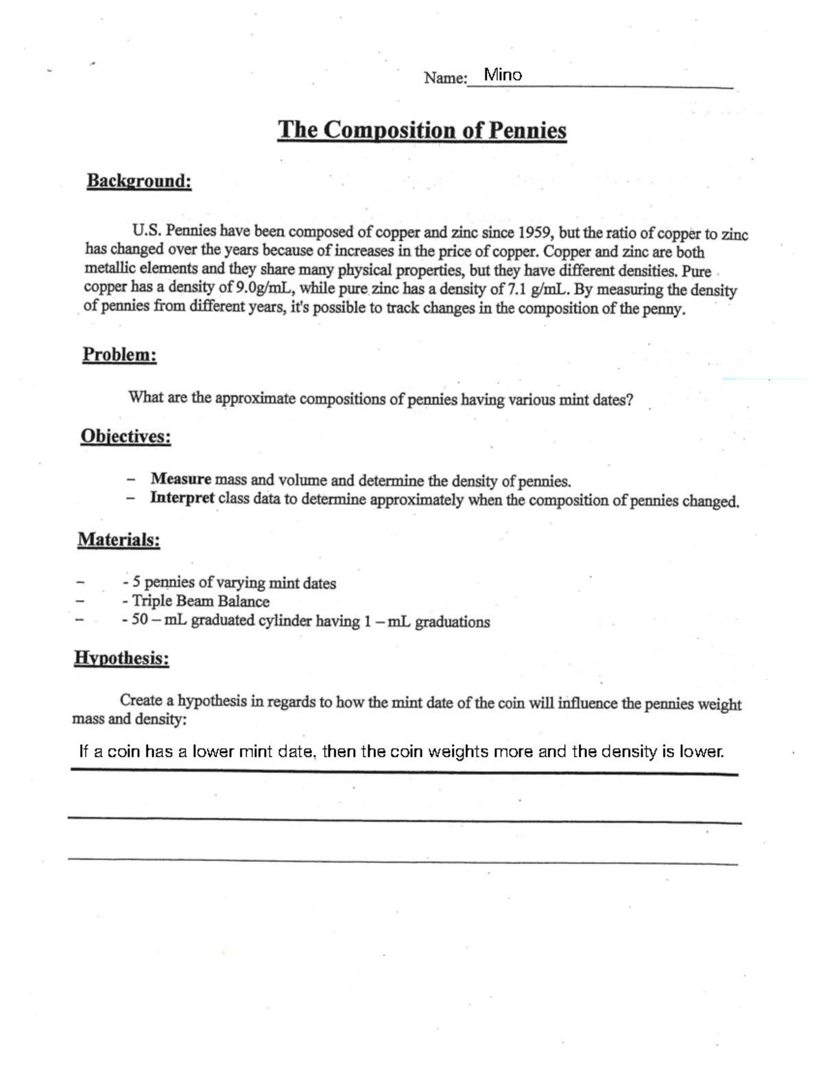 Composition of Pennies Lab - Mino If a coin has a lower mint date, then ...