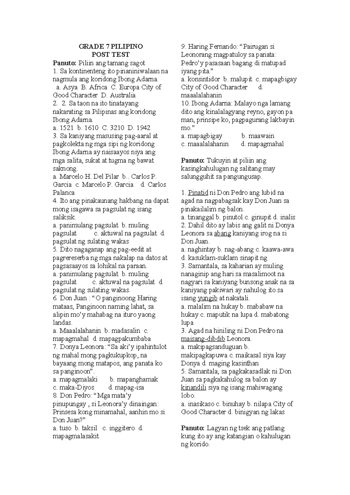 Post test grade 7 - Filipino Post Test - GRADE 7 PILIPINO POST TEST ...