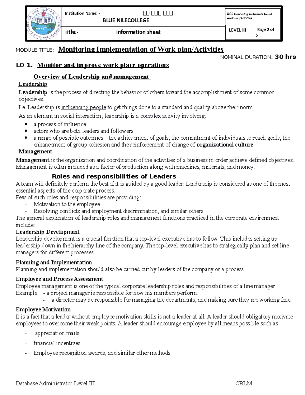 Monitoring Implementation of Work plan - Work plan/Activities LEVEL III ...
