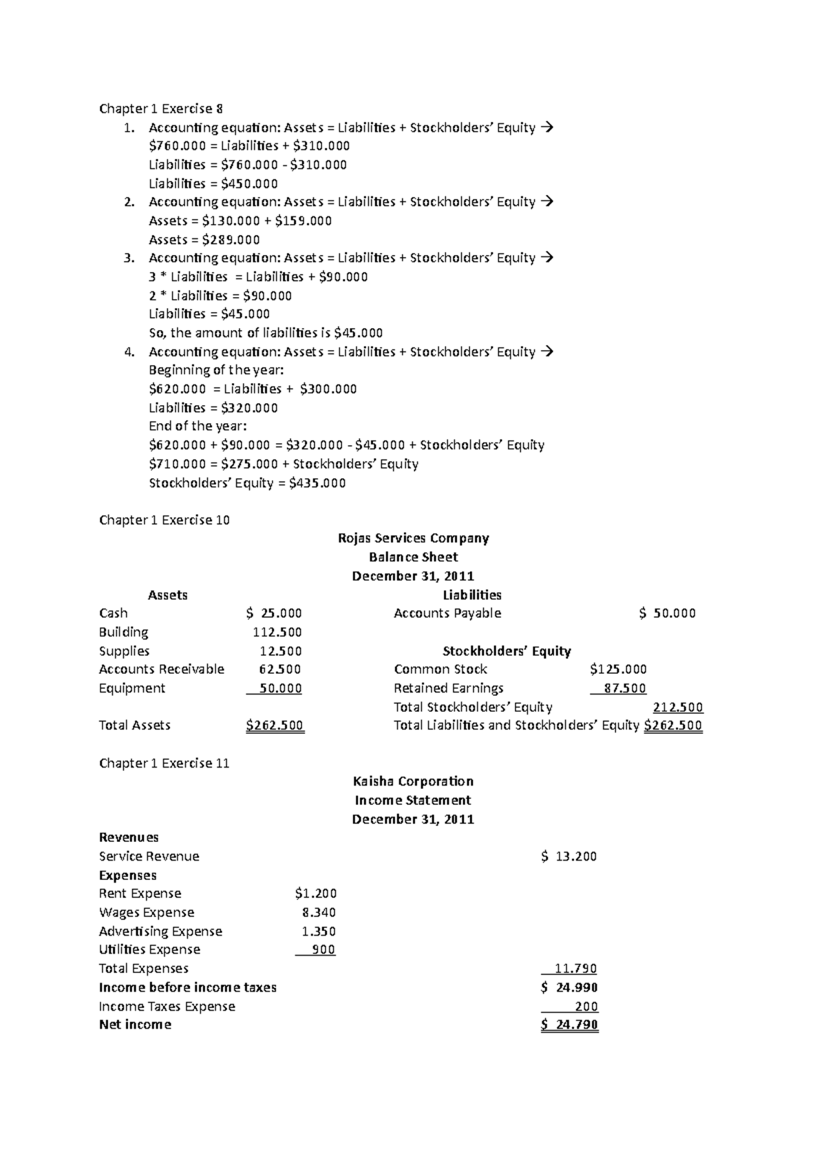 Practice exercises - Chapter 1 Exercise 8 1. Accounting equation ...