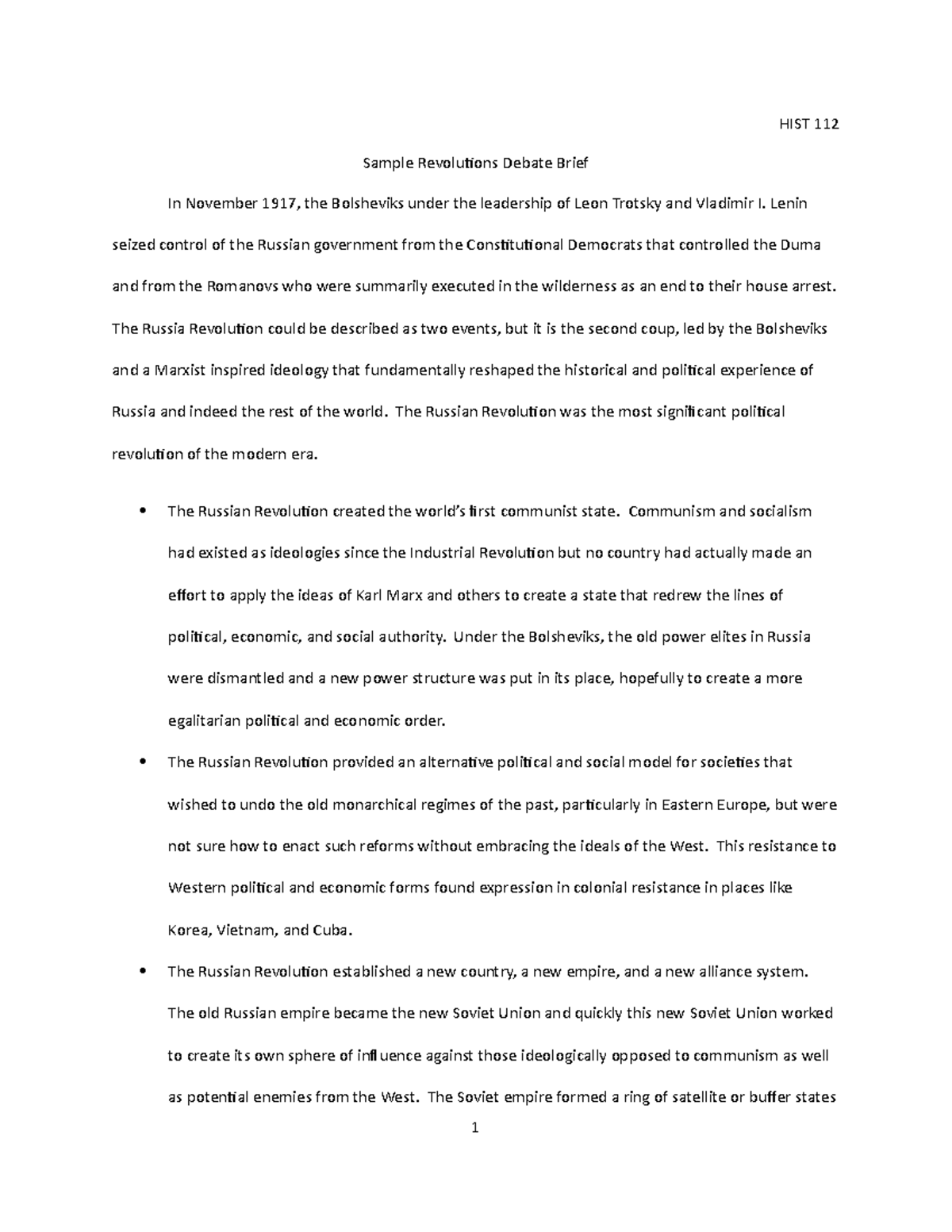 HIST 112 Sample Debate Brief - HIST 112 Sample Revoluions Debate Brief ...
