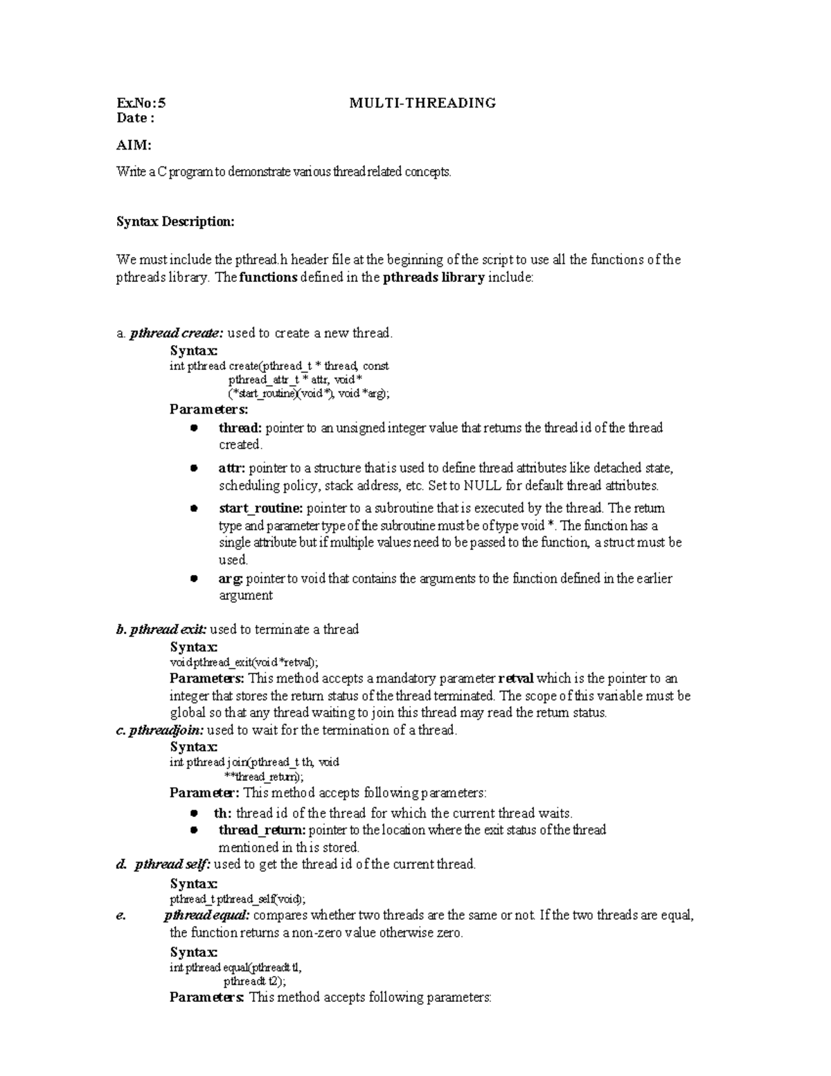 Exp 5 - EXP 5 - Ex : 5 MULTI-THREADING Date : AIM: Write a C program to ...