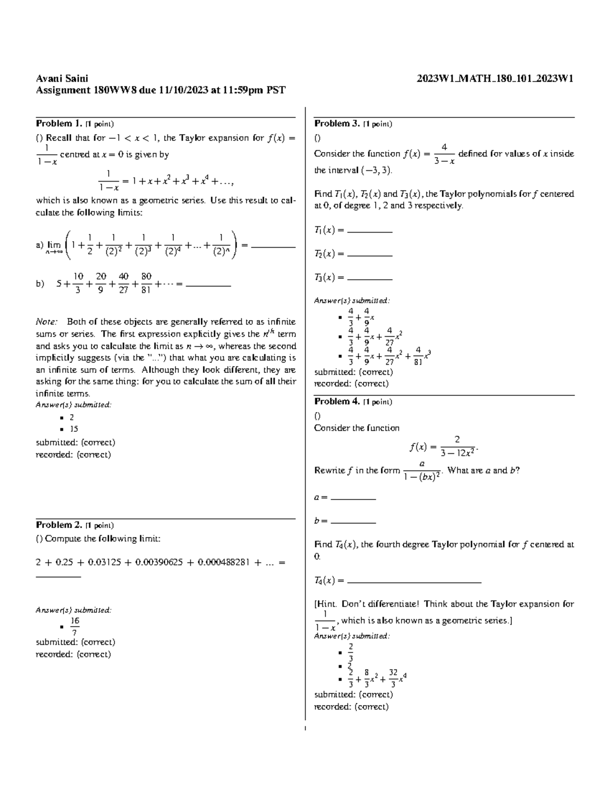2023W1 MATH 180 101 2023W1 - Avani Saini 2023W1 MATH 180 101 2023W ...