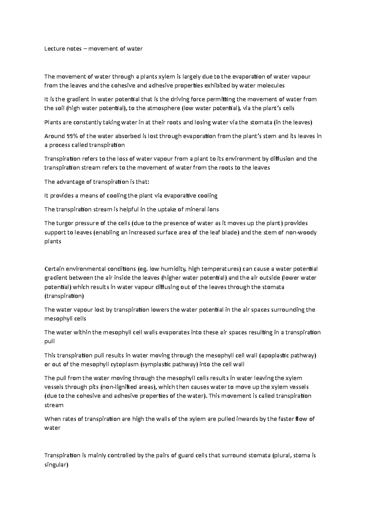 Lecture notes – movement of water - low humidity, high temperatures ...