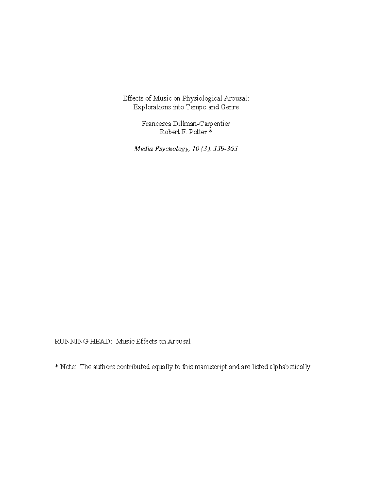Effects of Music on Physiological Arousal - Robert F. Potter - Effects ...