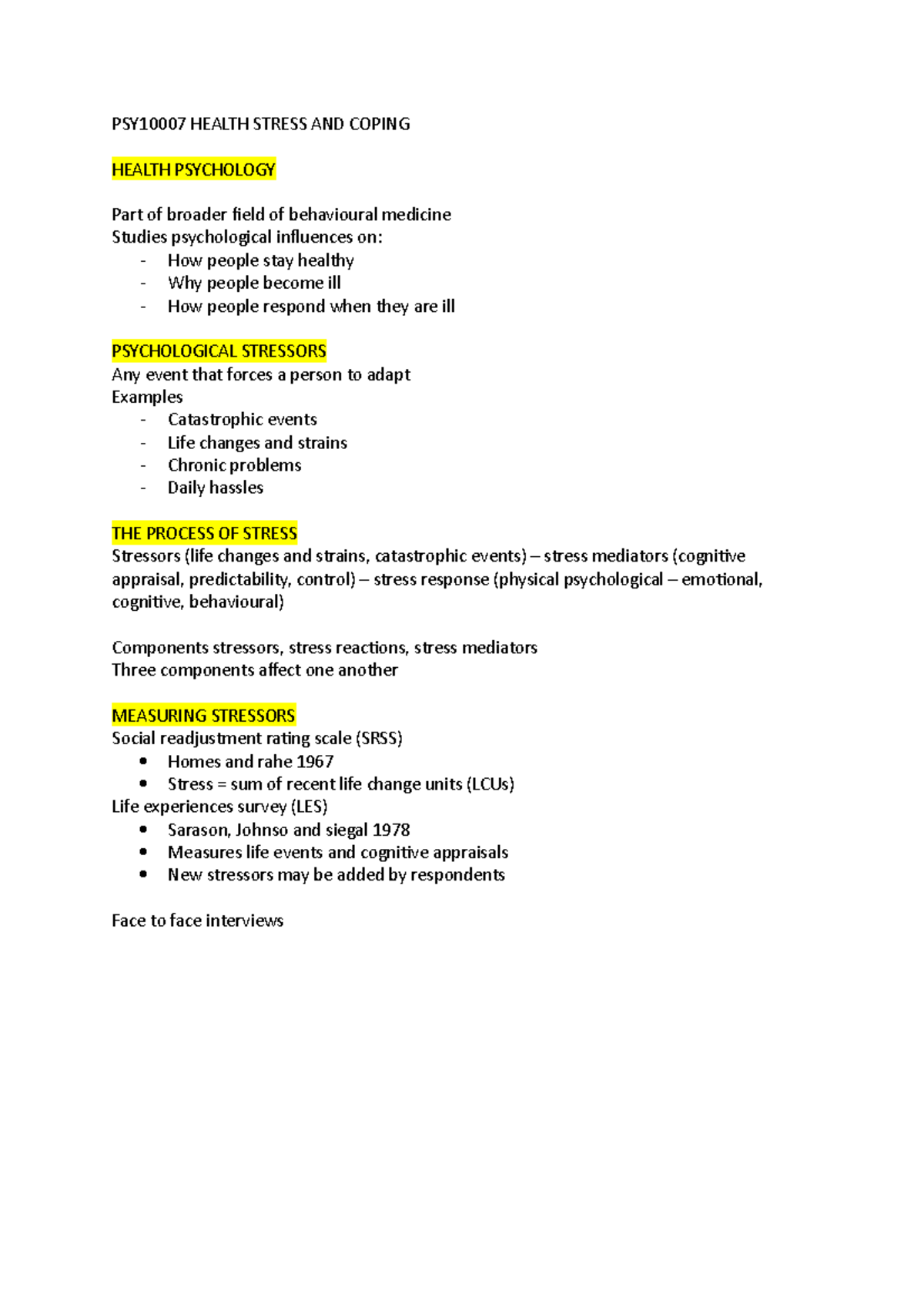 PSY10007 Lecture - Notes - PSY10007 HEALTH STRESS AND COPING HEALTH ...