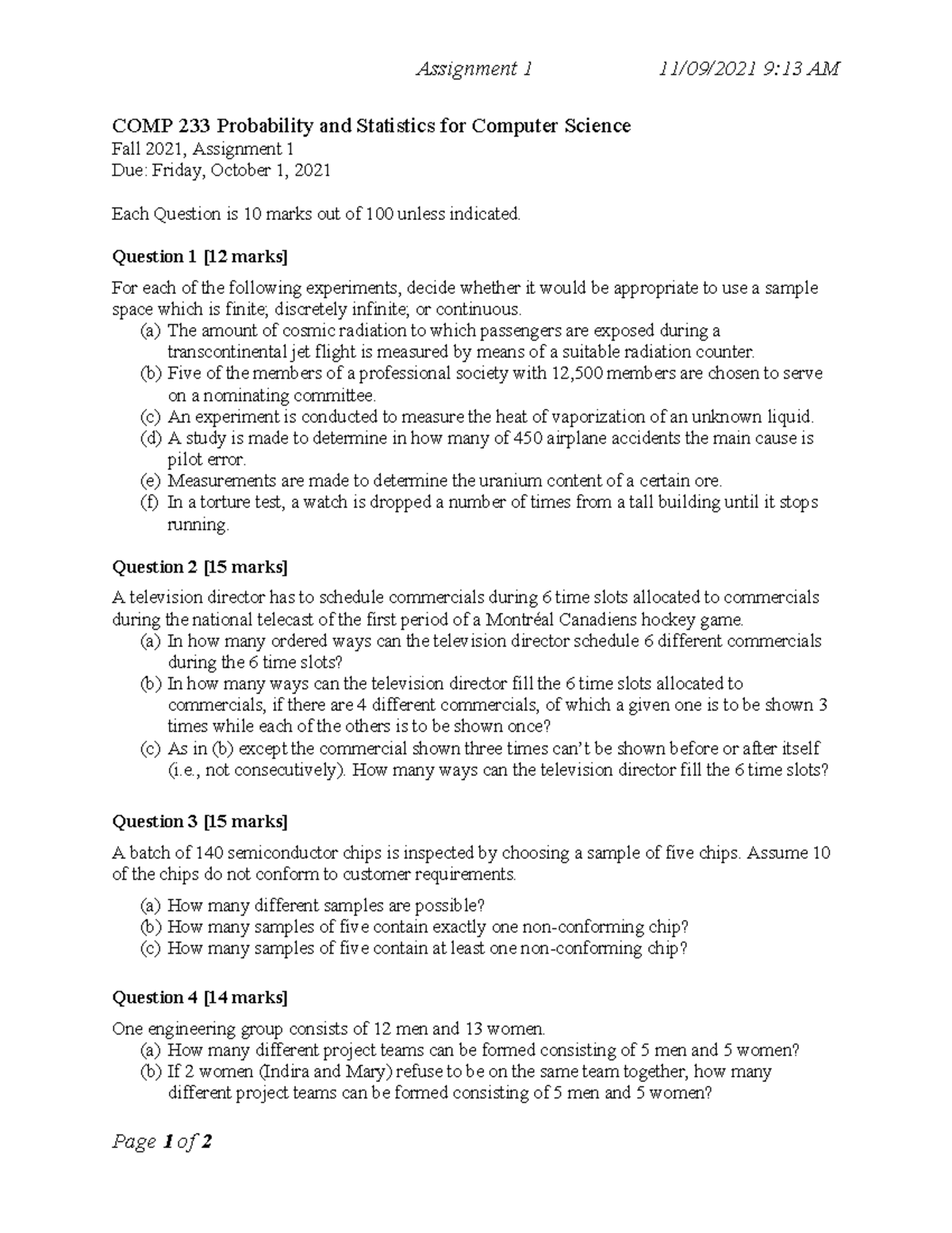 COMP 233 F21 Assignment 1 - Assignment 1 11/09/2021 9:13 AM Page 1 of 2 ...
