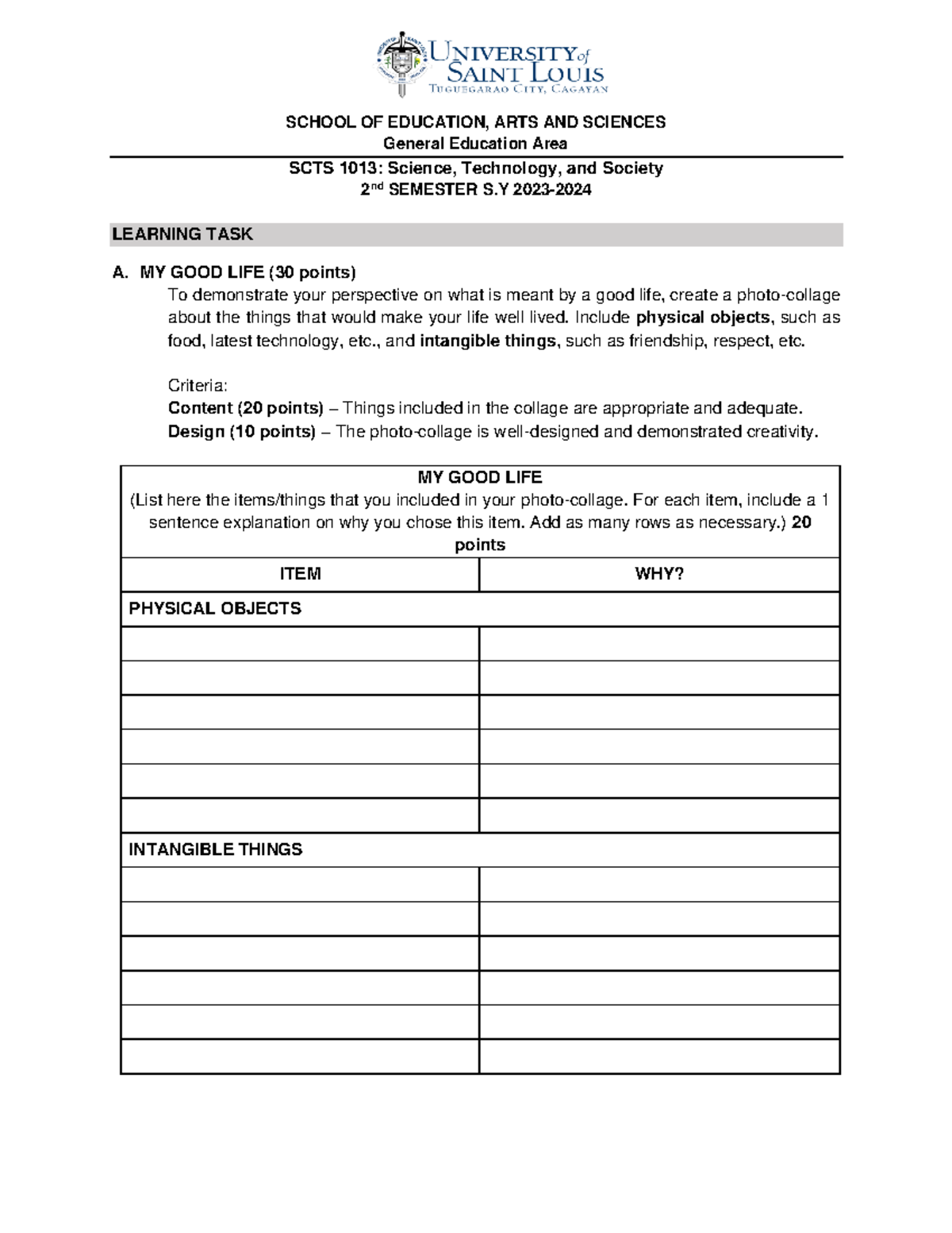 Learning-task-2 - SCHOOL OF EDUCATION, ARTS AND SCIENCES General ...